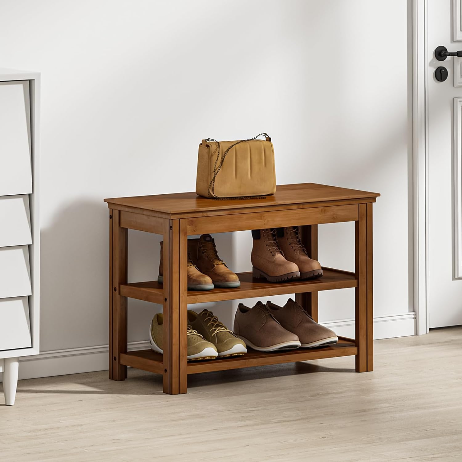 Shoe Bench 3 Tier Bamboo Entryway Storage Benches Rustic Solid Wood ...