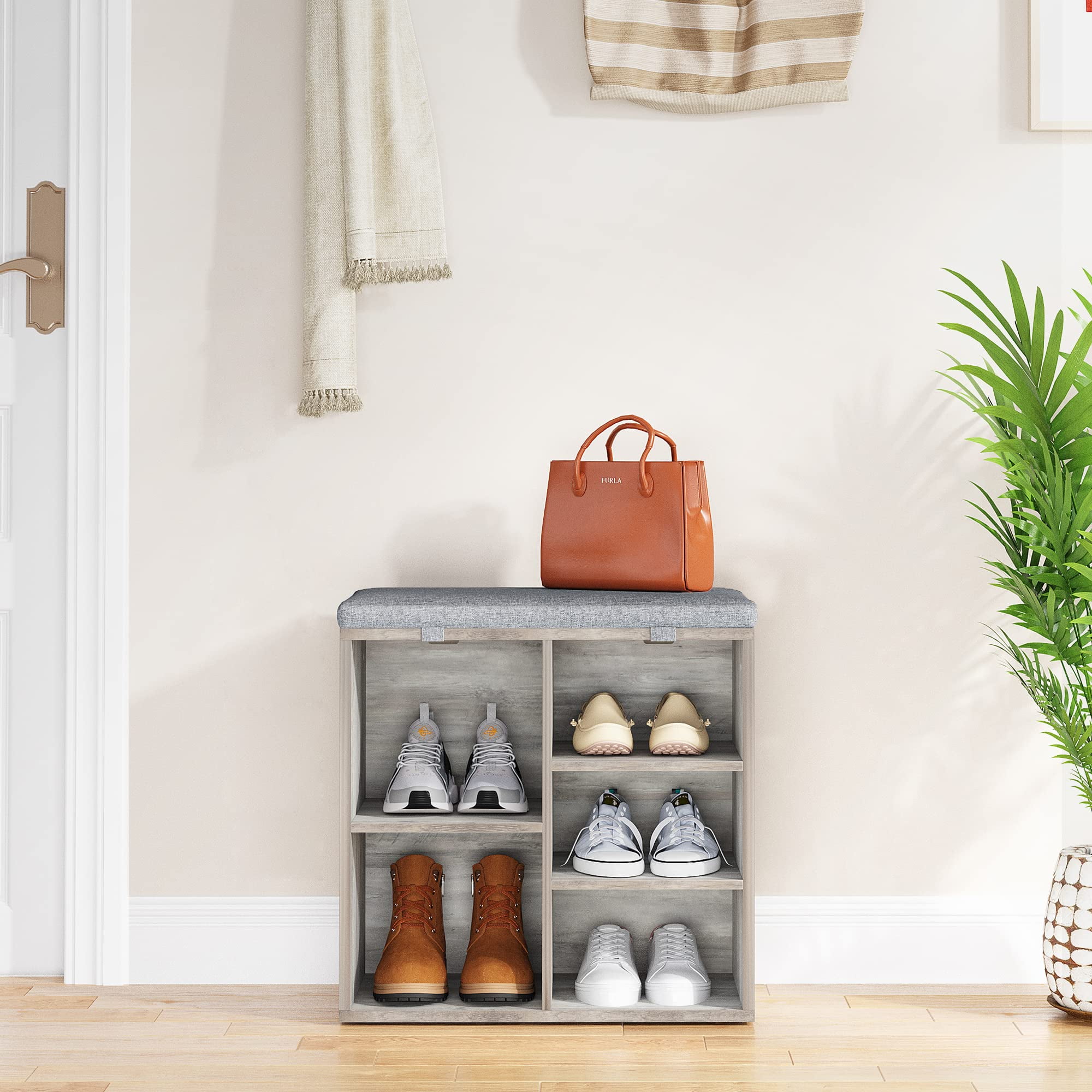 Shoe Bench with Adjustable Shelves，Entryway Storage Bench with Cushion ...