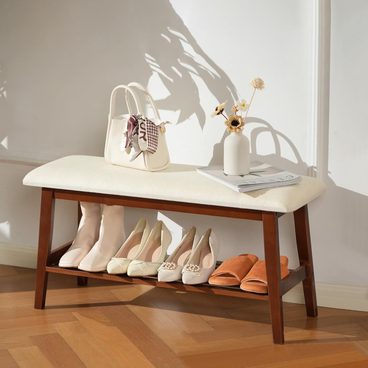 Shoe Bench, Bamboo 2 Tier Shoe Rack Bench, 35.4" Shoe Storage Bench ...