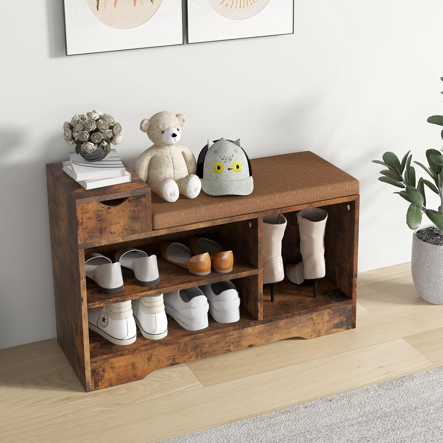 Shoe Bench with Cushion & 3 Compartments, Entryway Shoe Storage Bench ...