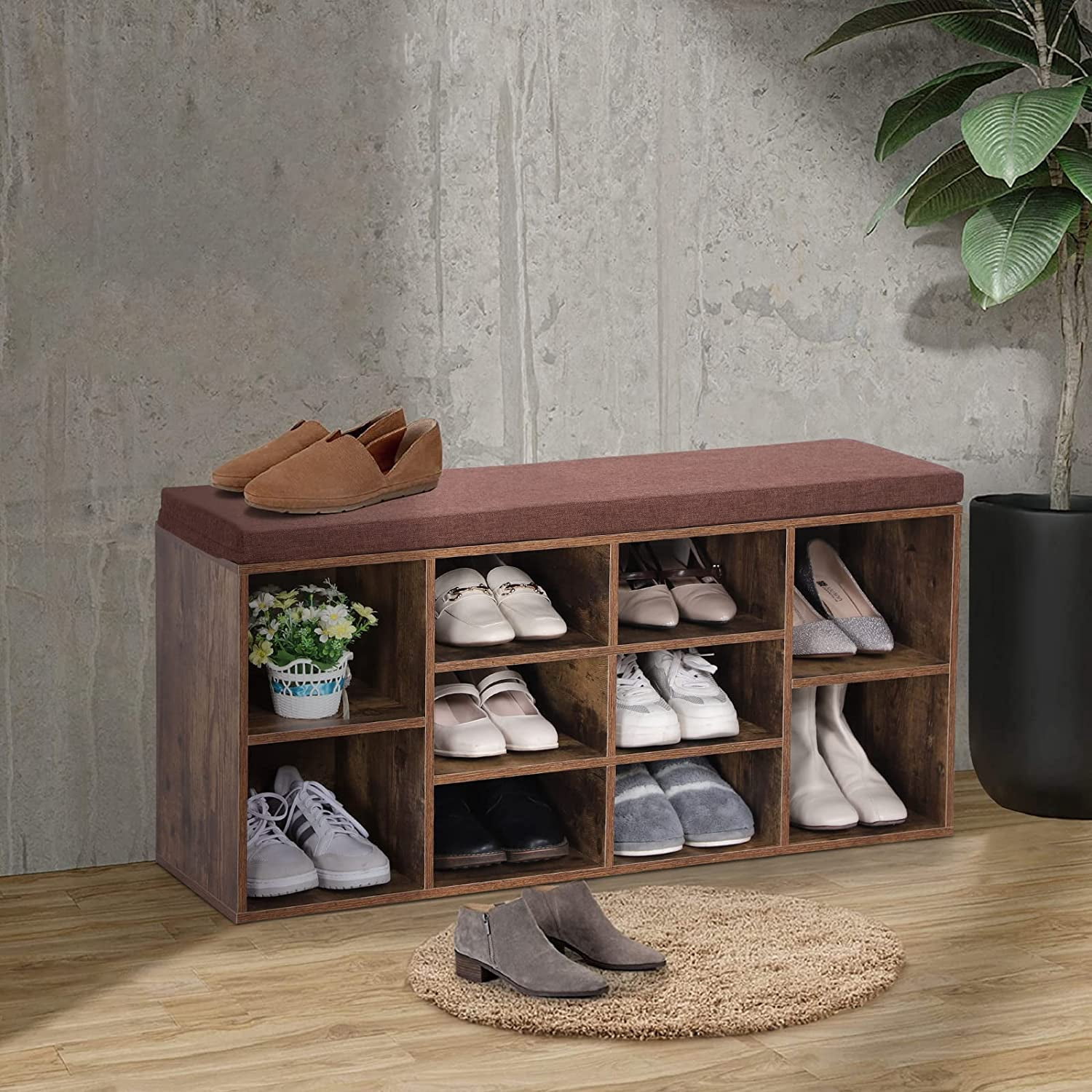 Shoe Bench with Cushion and 8 Compartments, Entryway Storage Bench ...