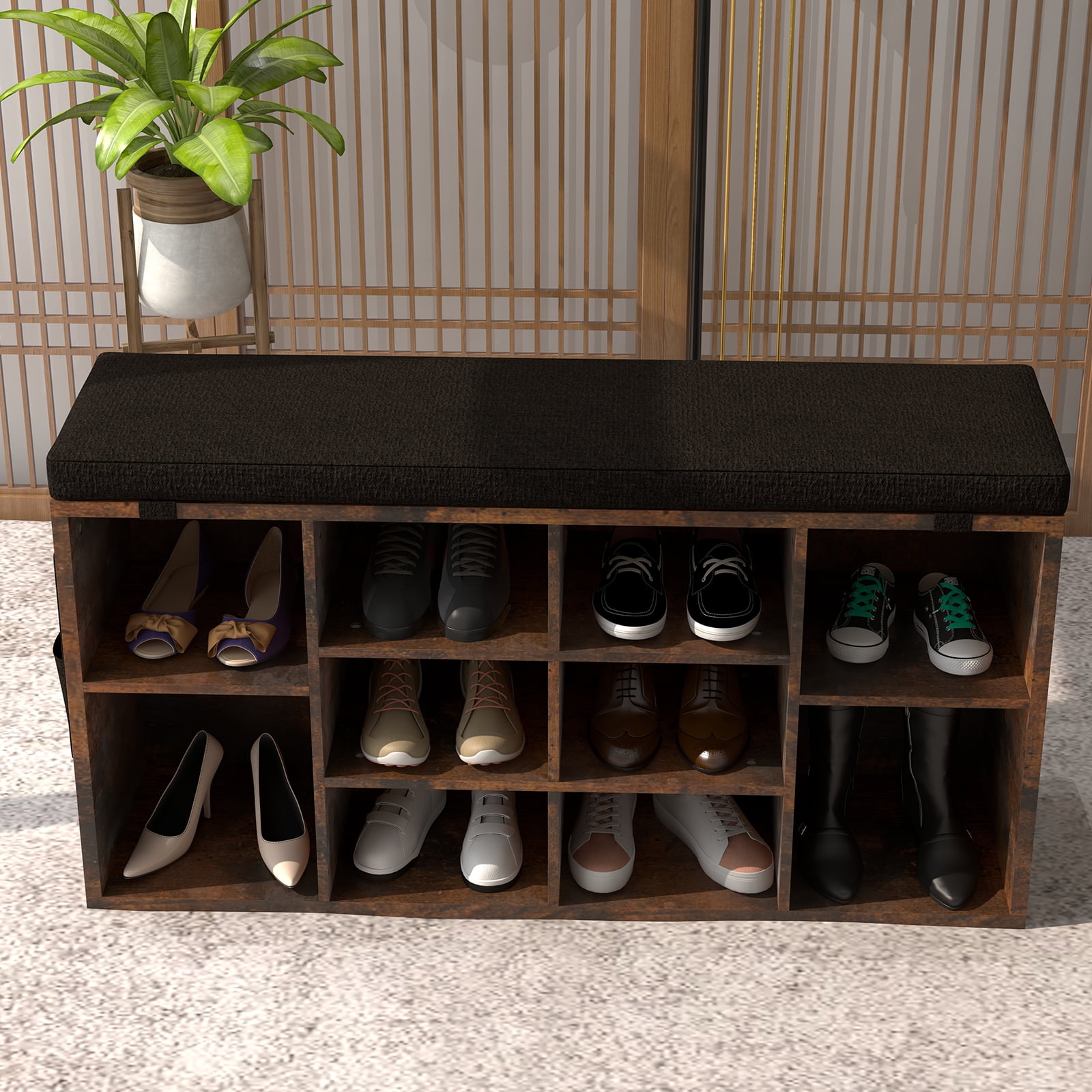 Shoe Bench with Cushion, Entryway Storage Bench, Cubby Shoe Rack with 5 ...