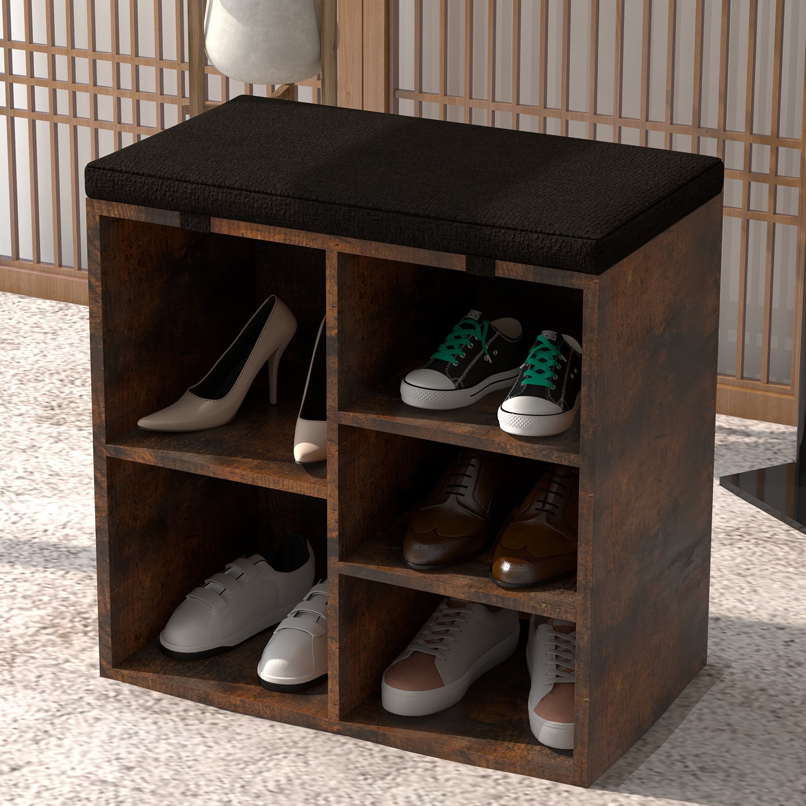 Shoe Bench with Cushion, Entryway Storage Bench, Cubby Shoe Rack with 5 ...