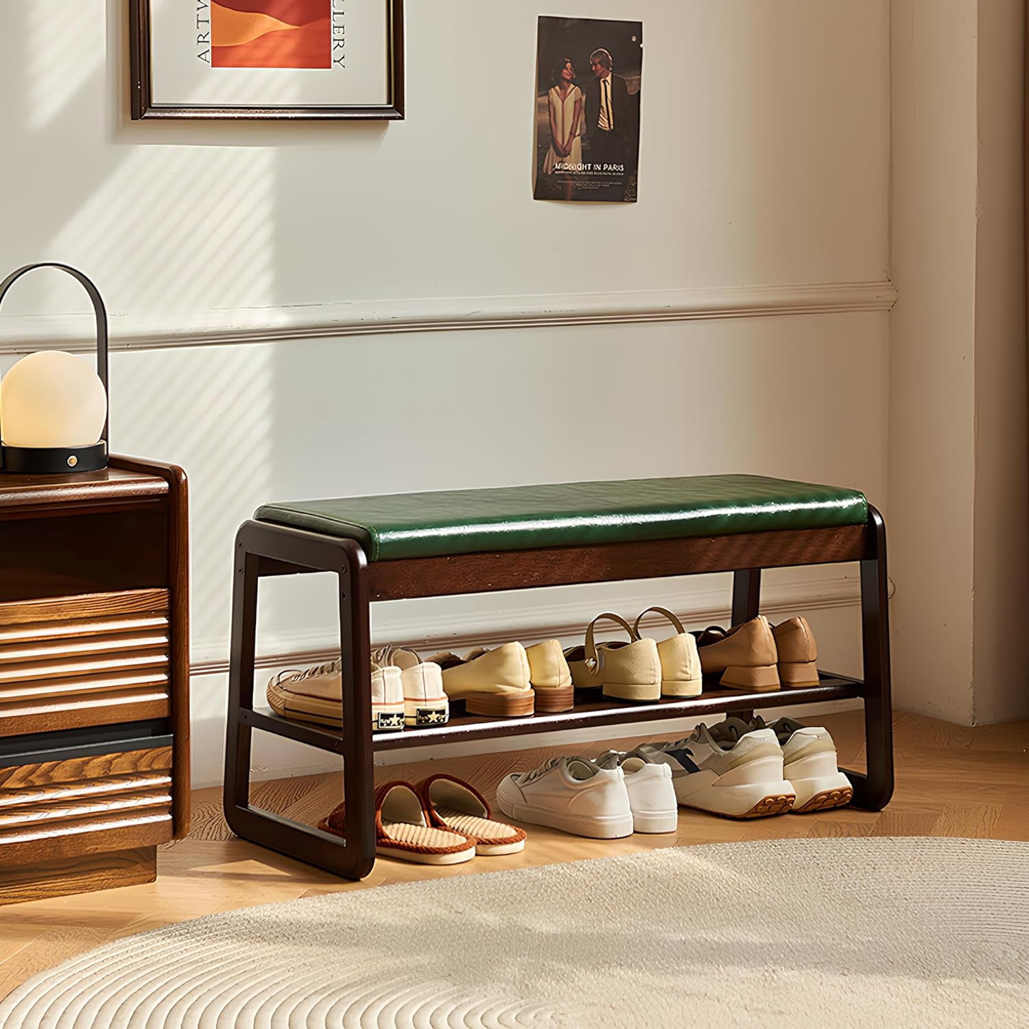 Shoe Bench, Entryway Bench with Leather Cushion, Solid Wood Shoe Rack ...