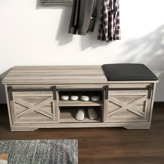 Shoe Bench, Entryway Bench with Sliding X Barn Door and 2 Adjustable ...