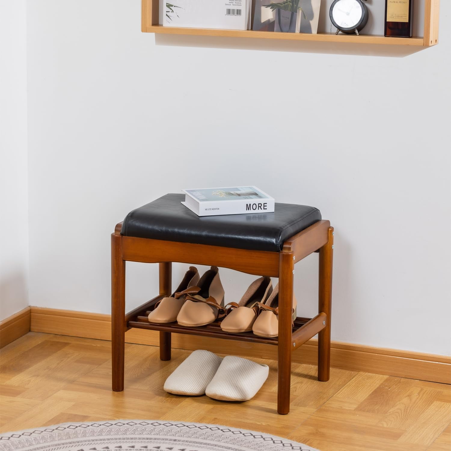 Shoe Bench, Entryway Bench, Wood 2-Tier Shoe Rack with Cushion Padded ...