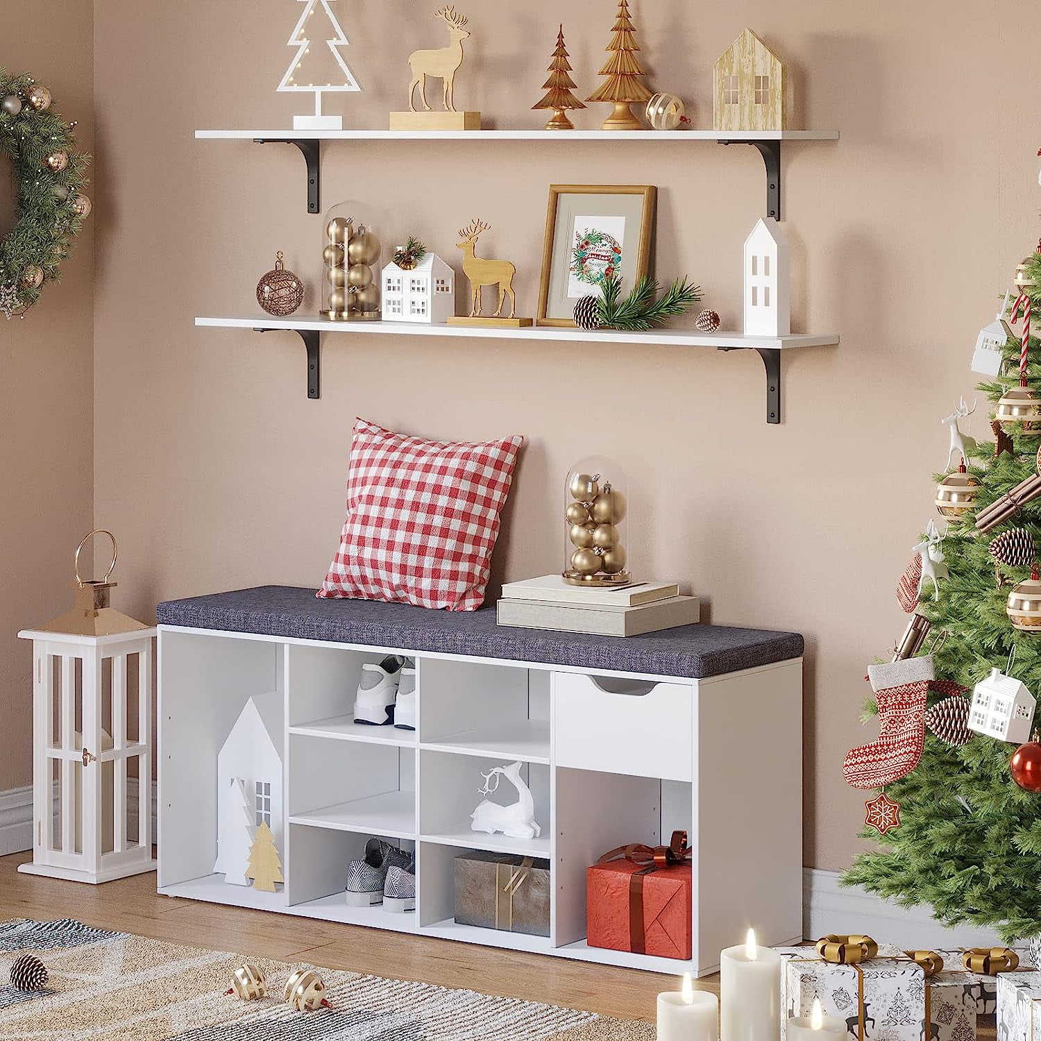 Shoe Bench, Entryway Storage Bench with Drawer and 11 Cubbies, Cubby ...