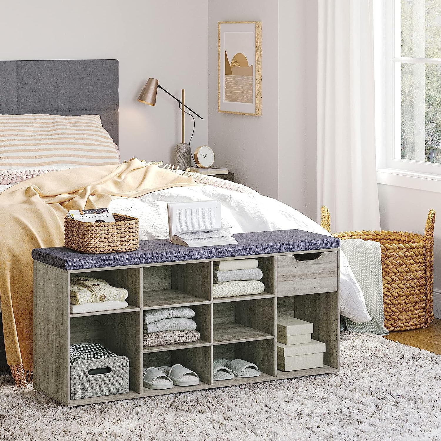 Shoe Bench, Entryway Storage Bench with Drawer and 11 Cubbies, Cubby ...