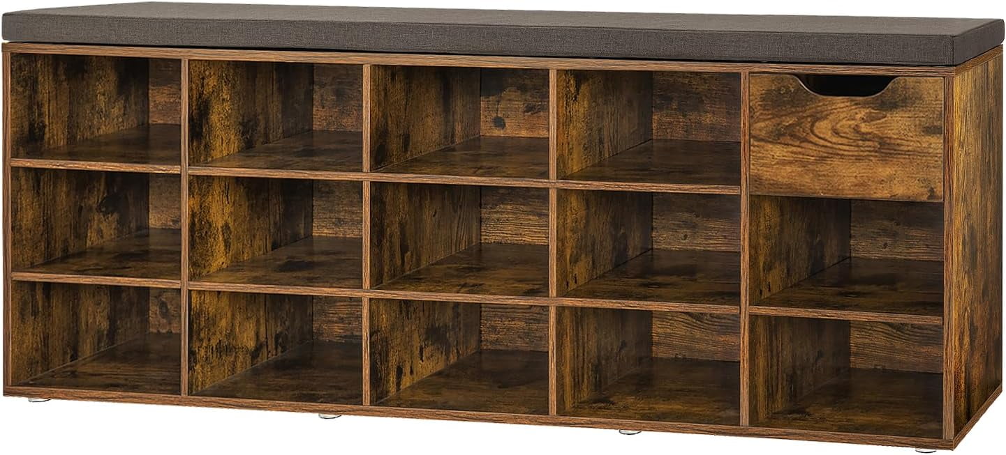 Shoe Bench, Entryway Storage Bench with Drawer and 14 Cubbies, Long ...