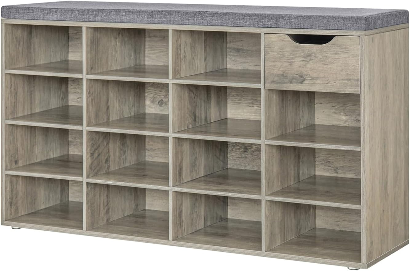 Shoe Bench, Entryway Storage Bench with Drawer and 15 Cubbies, Cubby ...