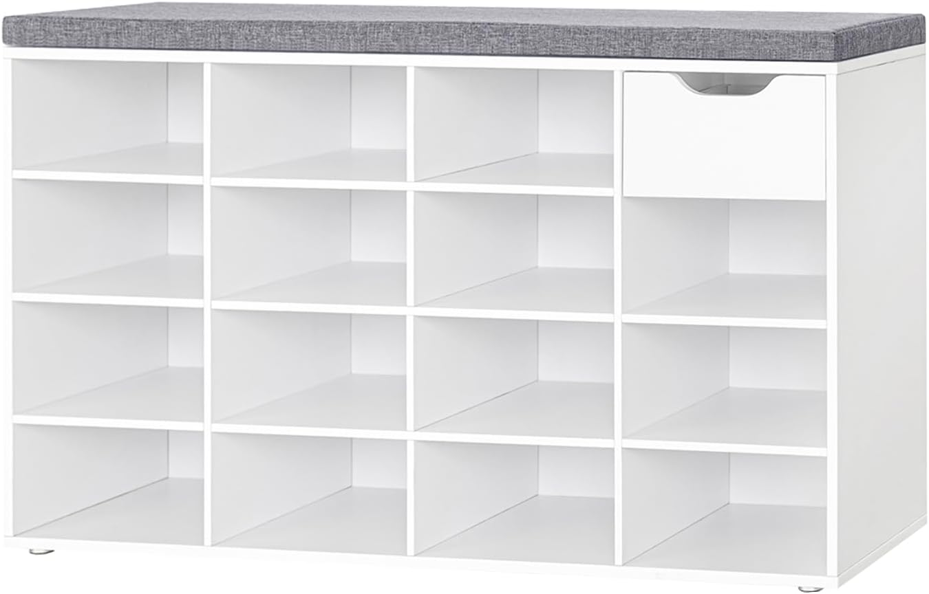 Shoe Bench, Entryway Storage Bench with Drawer and 15 Cubbies, Cubby ...