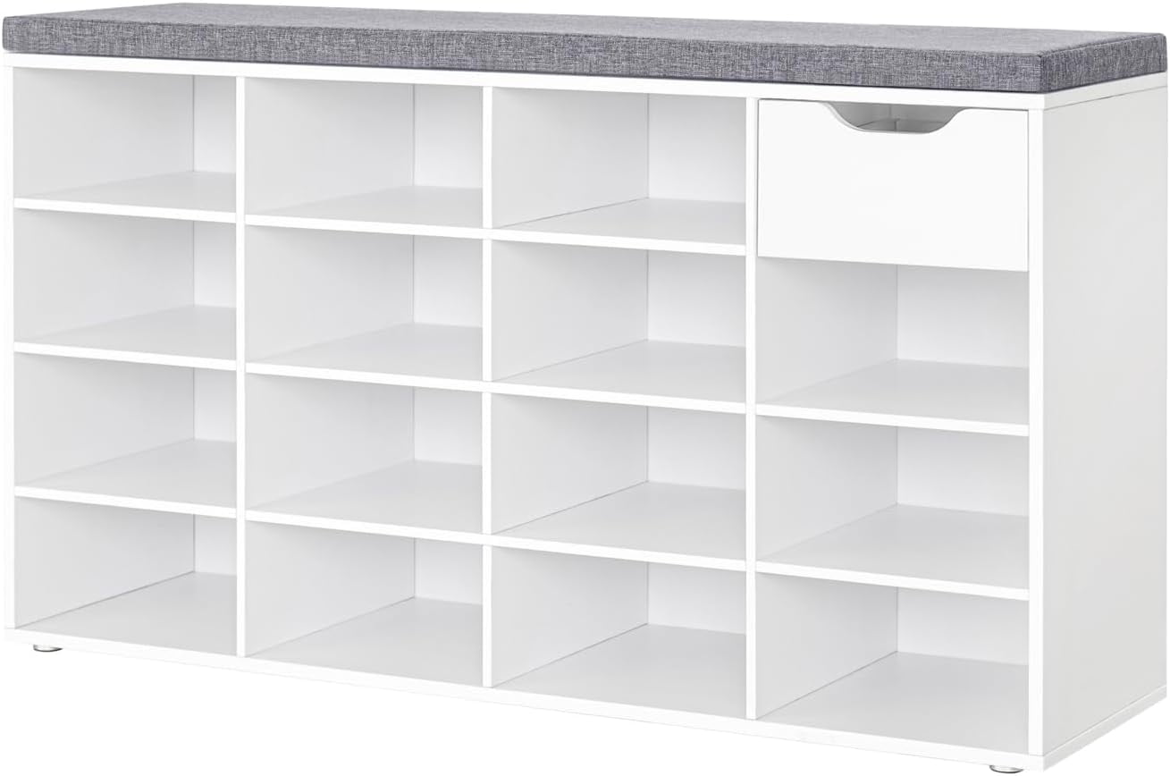 Shoe Bench, Entryway Storage Bench with Drawer and 15 Cubbies, Cubby ...