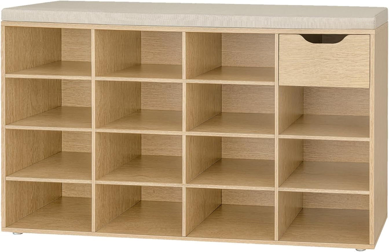 Shoe Bench, Entryway Storage Bench with Drawer and 15 Cubbies, Cubby ...