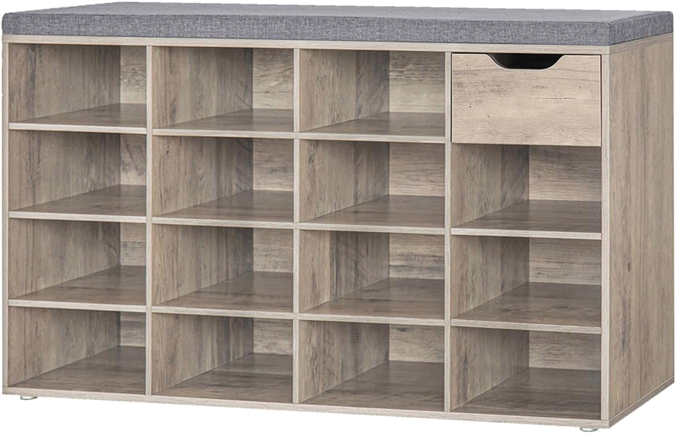 Shoe Bench, Entryway Storage Bench with Drawer and 15 Cubbies, Cubby ...