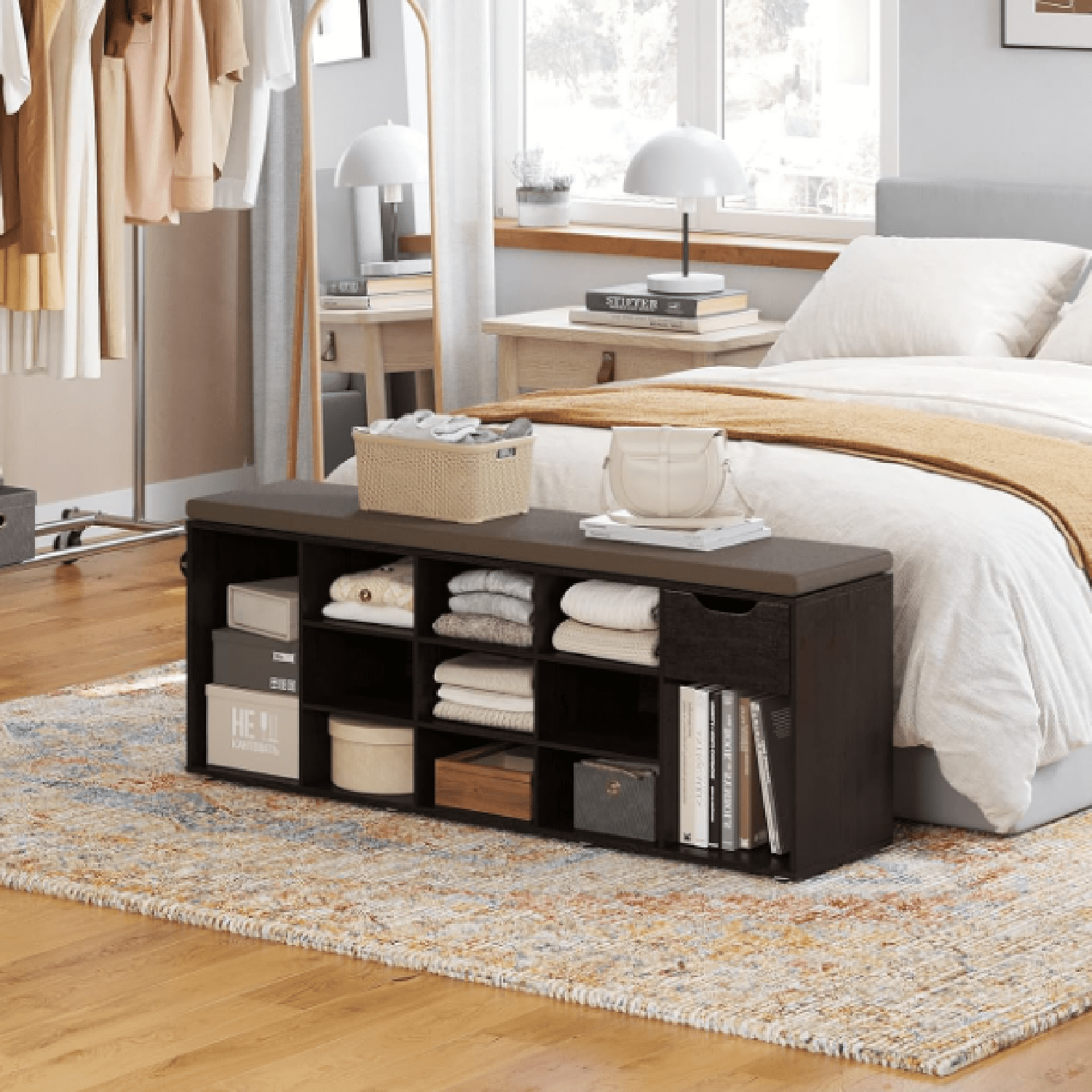 Shoe Bench, Entryway Storage Bench with Drawer and 14 Cubbies, Long ...