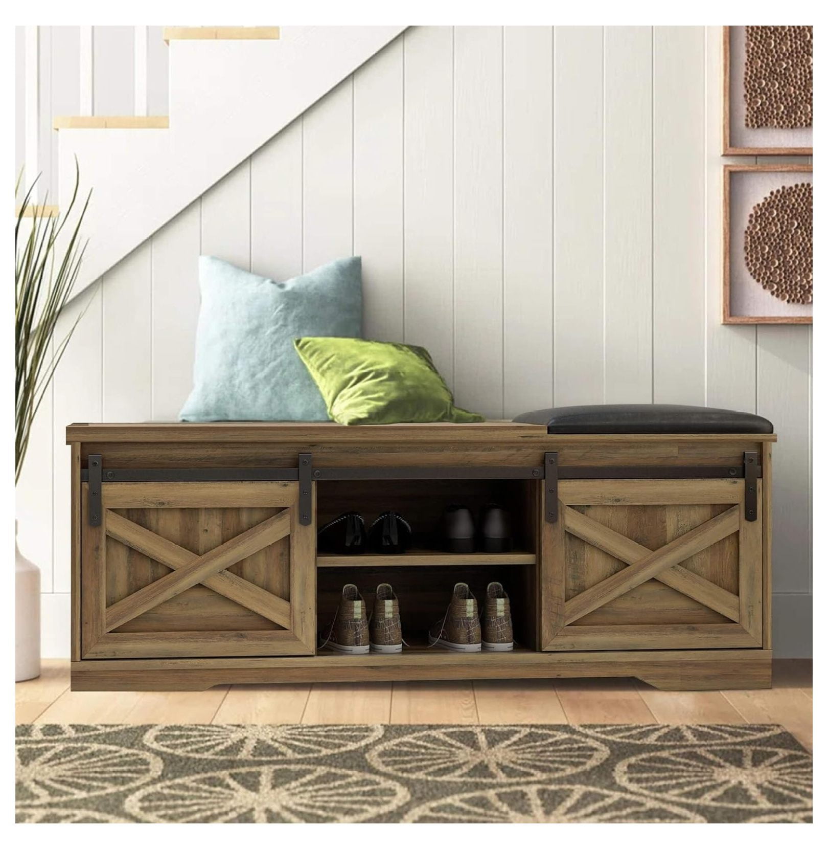 Shoe Bench Entryway with Storage, Brown Shoe Bench with Sliding X Barn ...