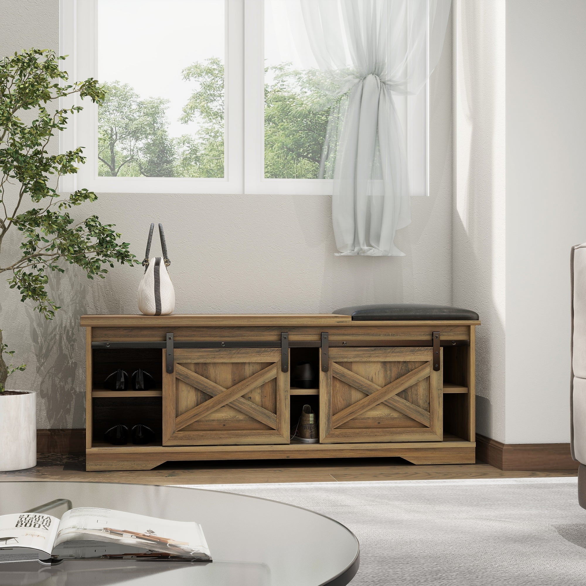 Shoe Bench Entryway with Storage & Cushion, Farmhouse Entryway Bench ...