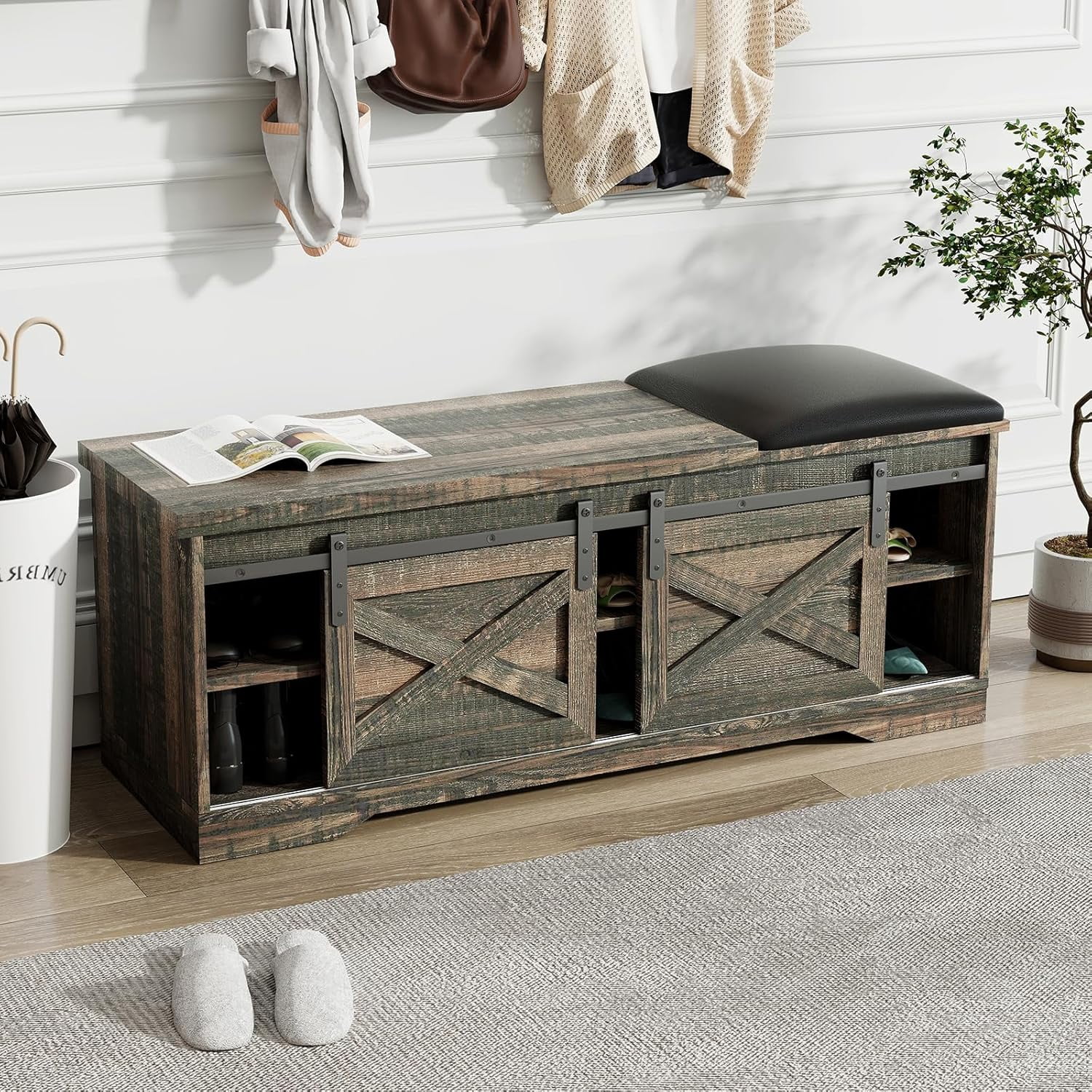 Shoe Bench Entryway with Storage, Modern Grey Shoe Cabinet with Sliding ...