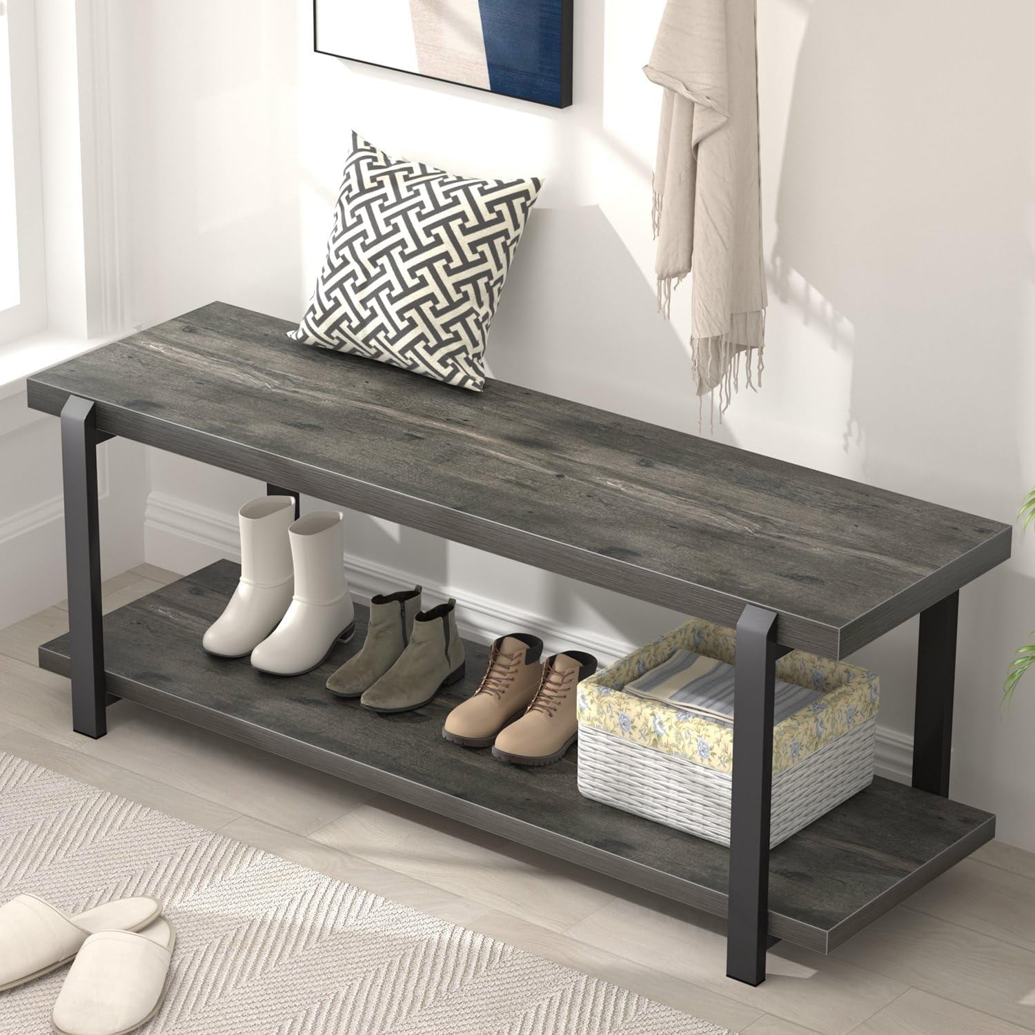 Shoe Bench, Industrial Entryway Bench with Storage, Rustic Wood and ...