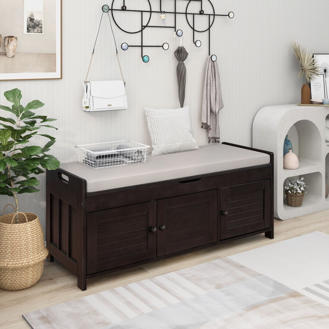 Shoe Bench with Lift Top and 3 Shutter-shaped Doors, Entryway Storage ...