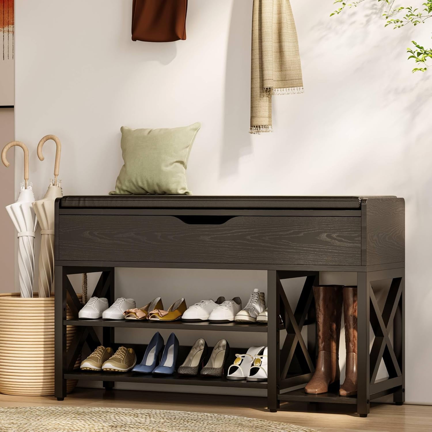 Shoe Bench, Lift Top Shoe Storage Bench, Adjustable Shelf Entryway ...