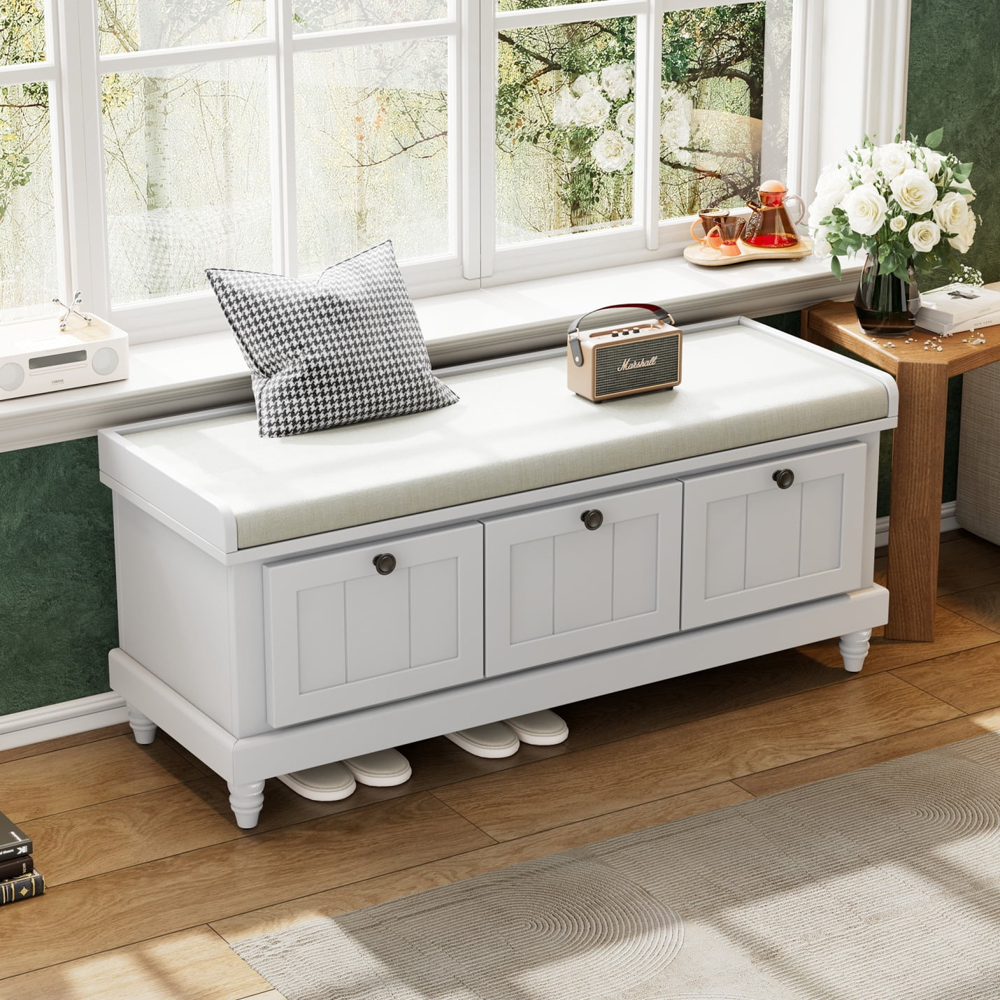 Storage Bench with Cushioned Seat and Three Drawers, Classic Entryway ...