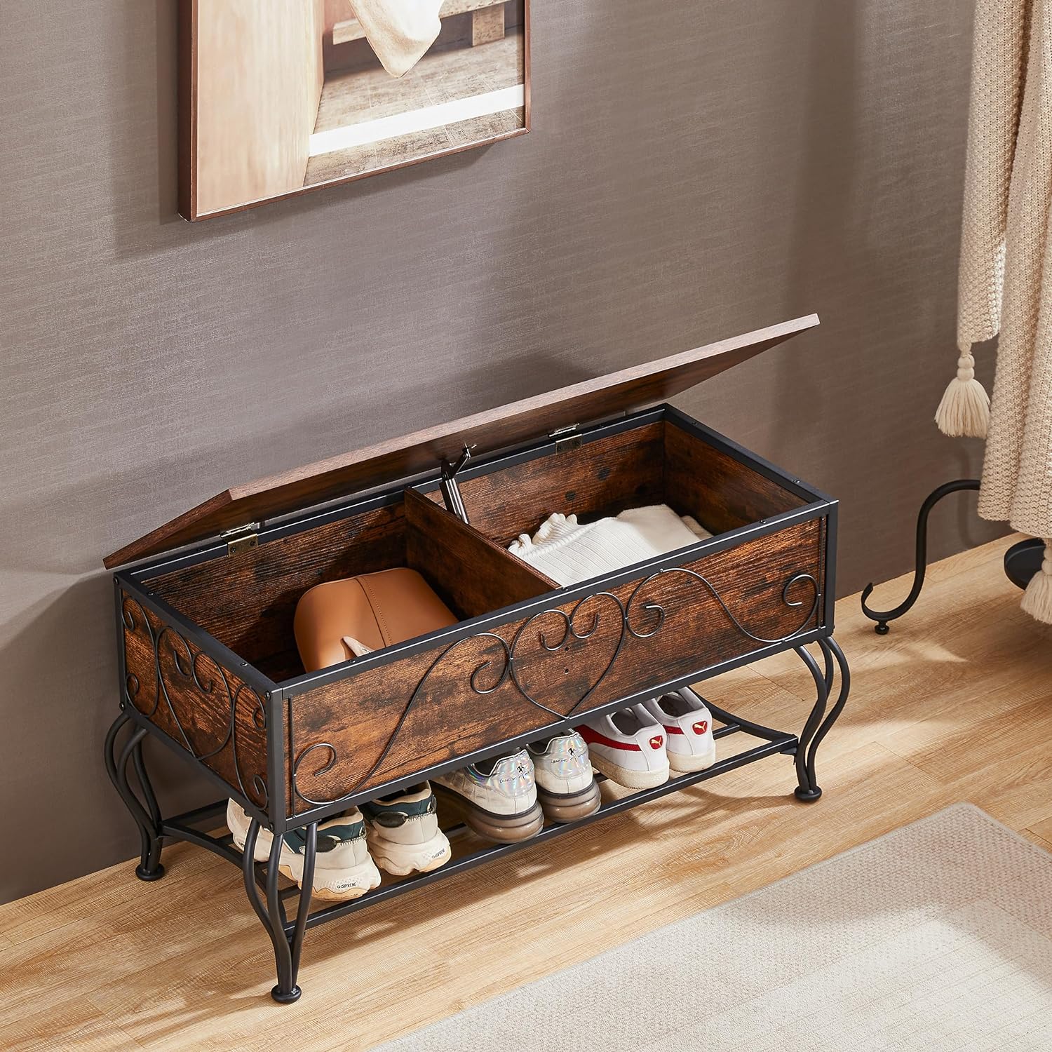 Shoe Bench Rack for Entryway, Vintage Metal Frame Shoe Rack with Bench ...