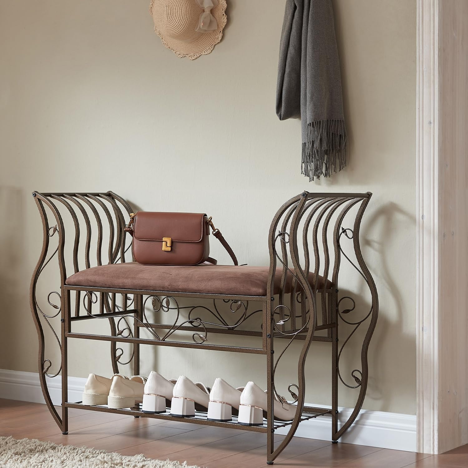 Shoe Bench Rack for Entryway, Vintage Metal Frame Shoe Rack with Bench ...