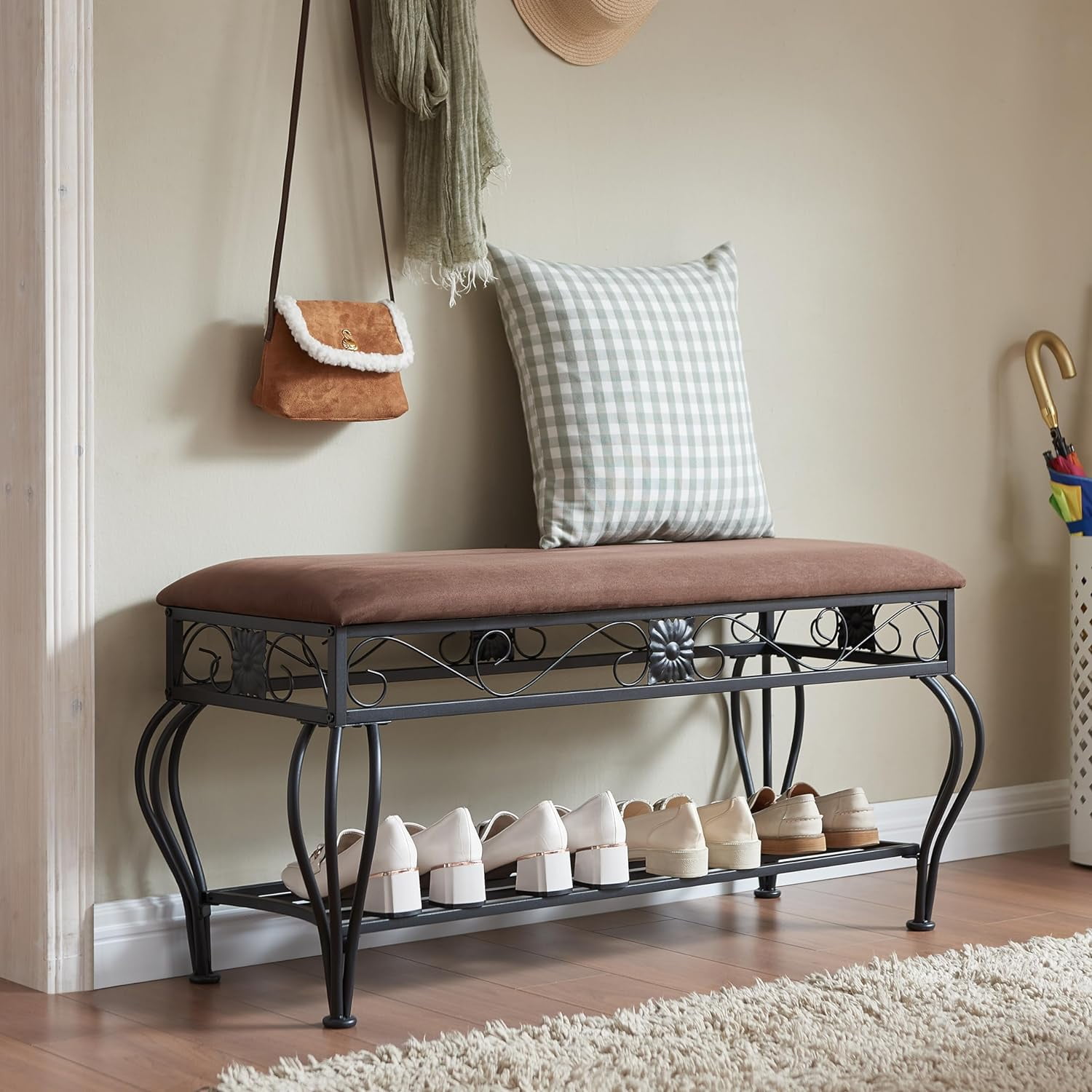 Shoe Bench Rack for Entryway, Vintage Metal Frame Shoe Rack with Bench ...