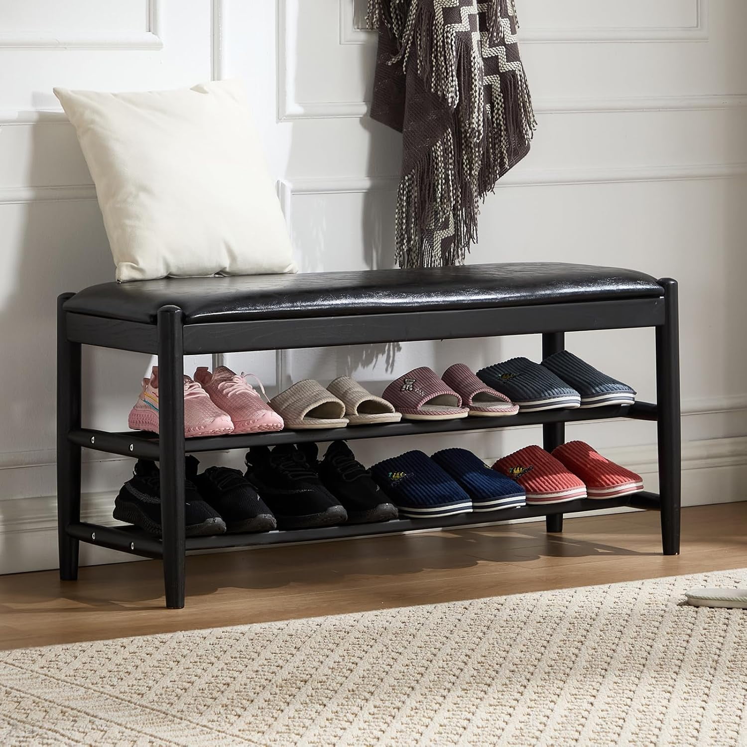 Shoe Bench, Solid Oak Wood Entryway Bench with Storage, 3-Tier Shoe ...