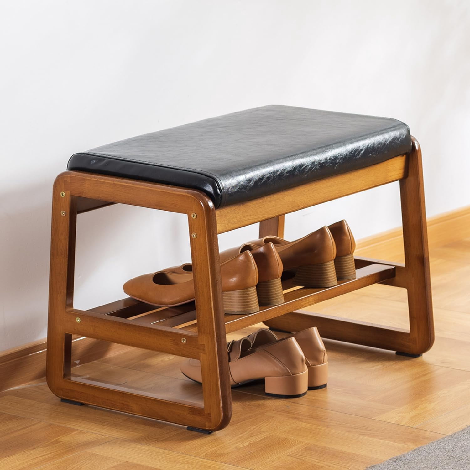 Shoe Bench, Solid Wood Shoe Bench with Cushion, 2 Tier Shoe Bench for ...