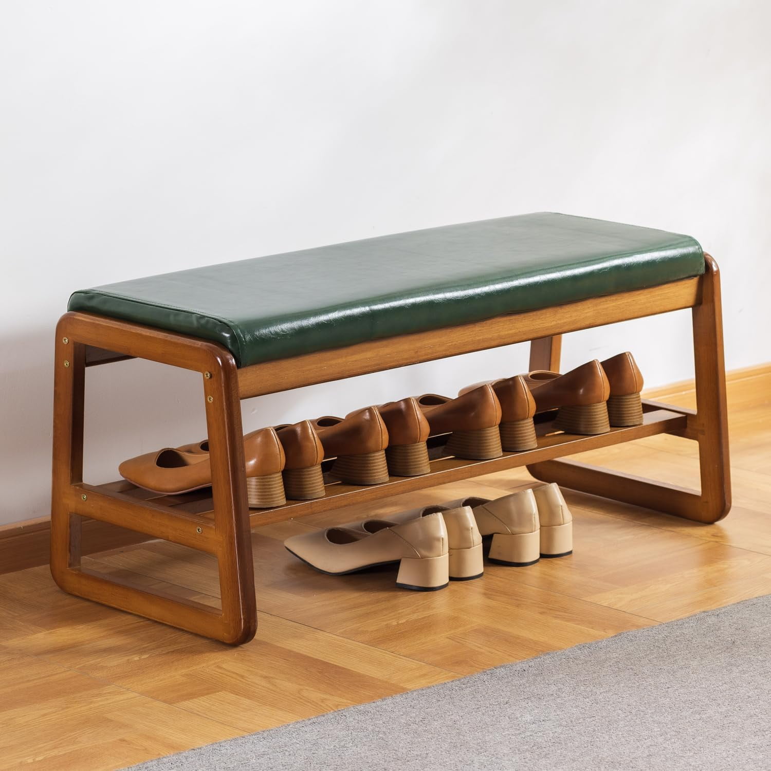 Shoe Bench, Solid Wood Shoe Bench with Cushion, 2 Tier Shoe Rack Bench ...
