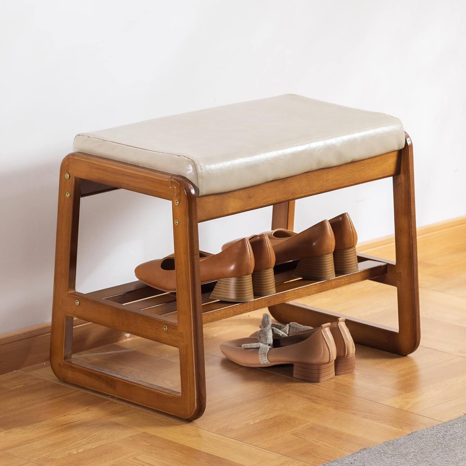Shoe Bench, Solid Wood Shoe Bench with Cushion, 2 Tier Shoe Storage ...