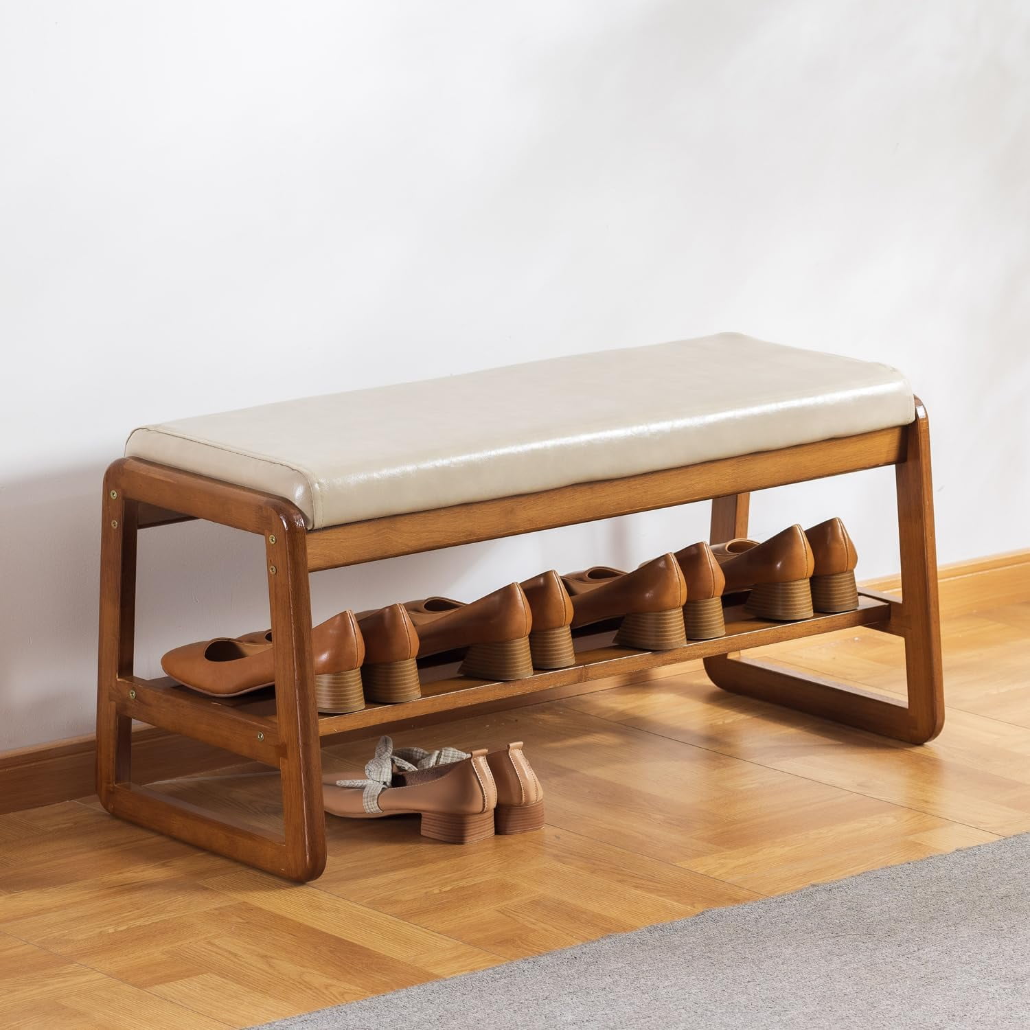 Shoe Bench, Solid Wood Shoe Bench with Cushion, 2 Tier Shoe Storage ...