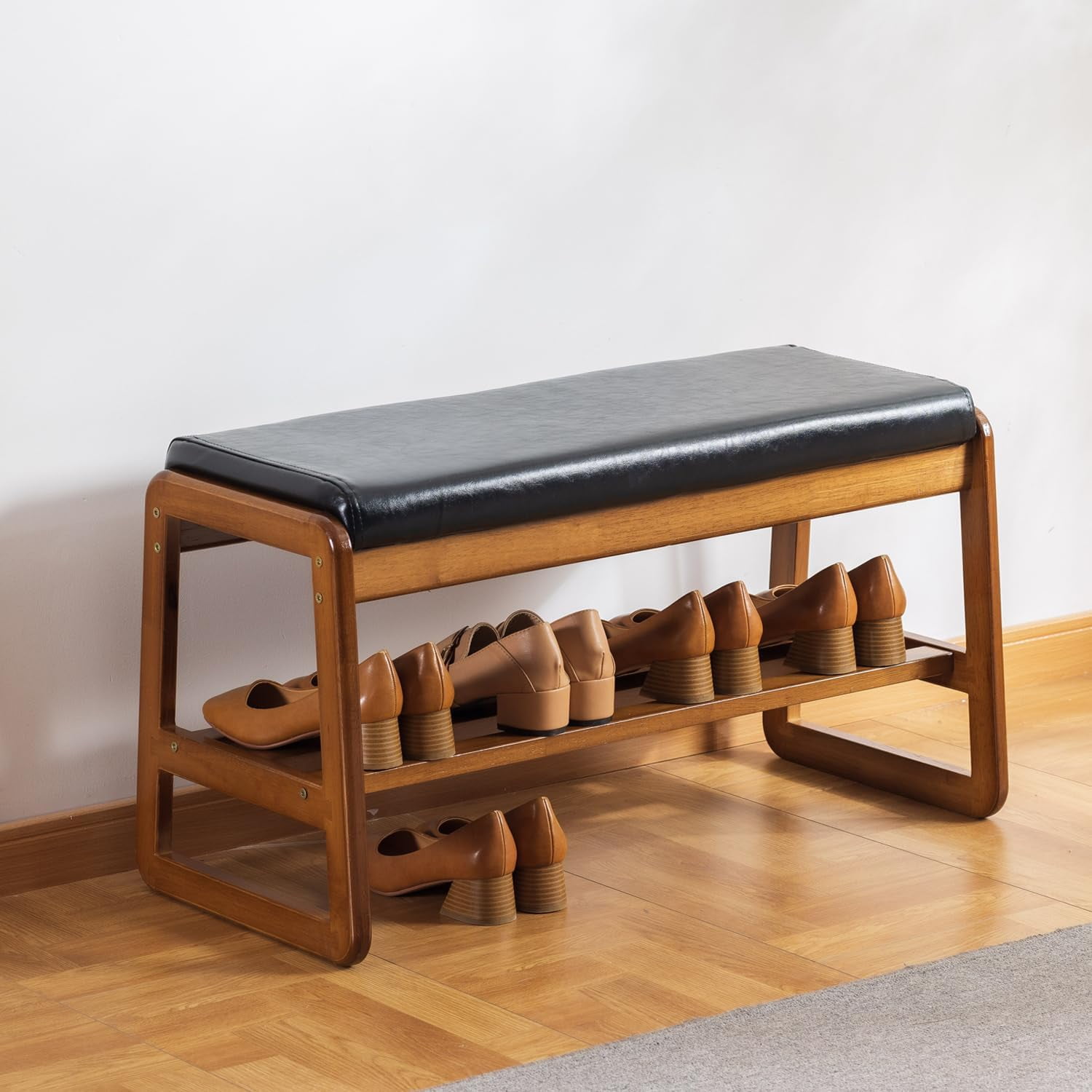 Shoe Bench, Solid Wood Shoe Bench with Cushion, 2 Tier Shoe Storage ...