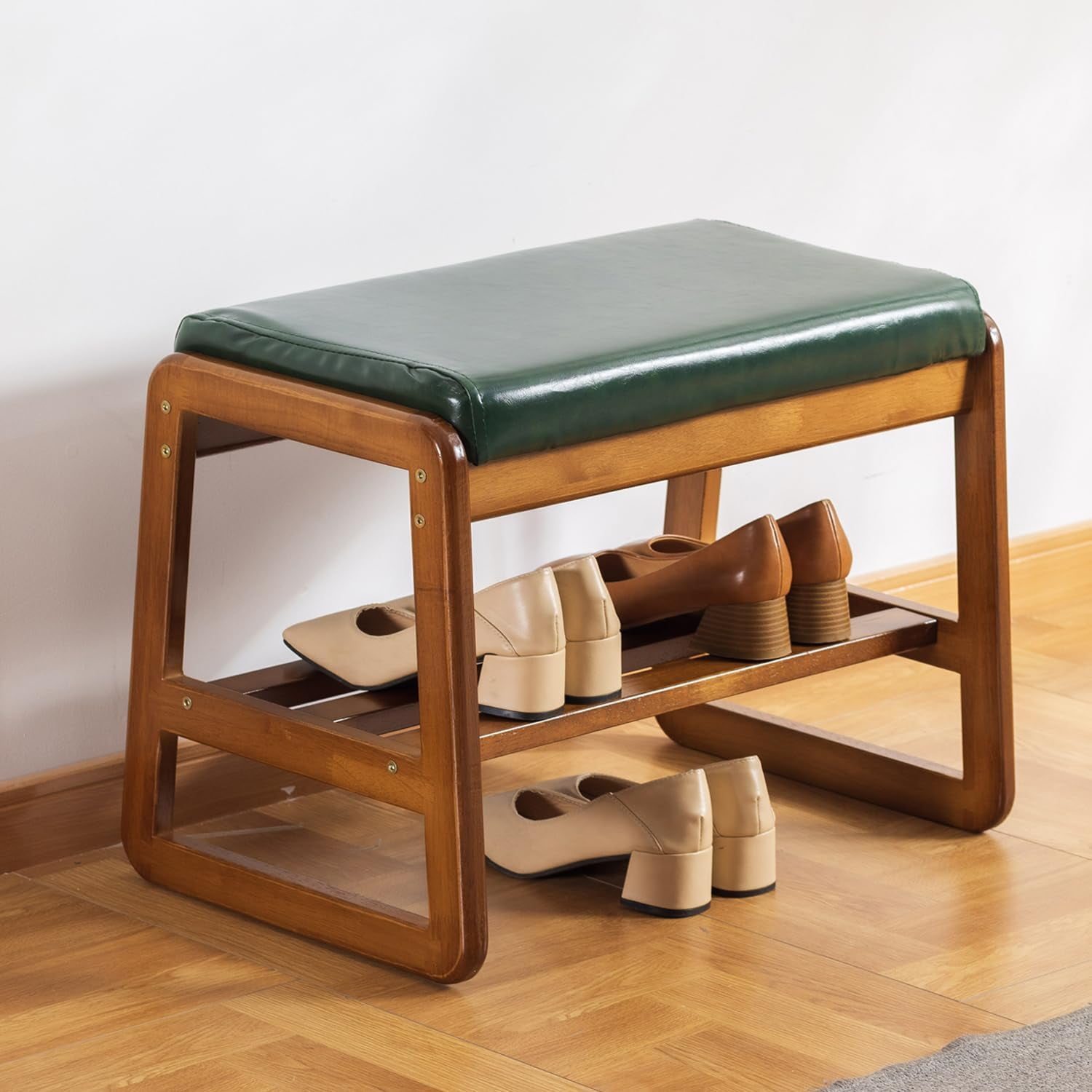 Shoe Bench, Solid Wood Shoe Bench with Cushion, 2 Tier Shoe Storage ...