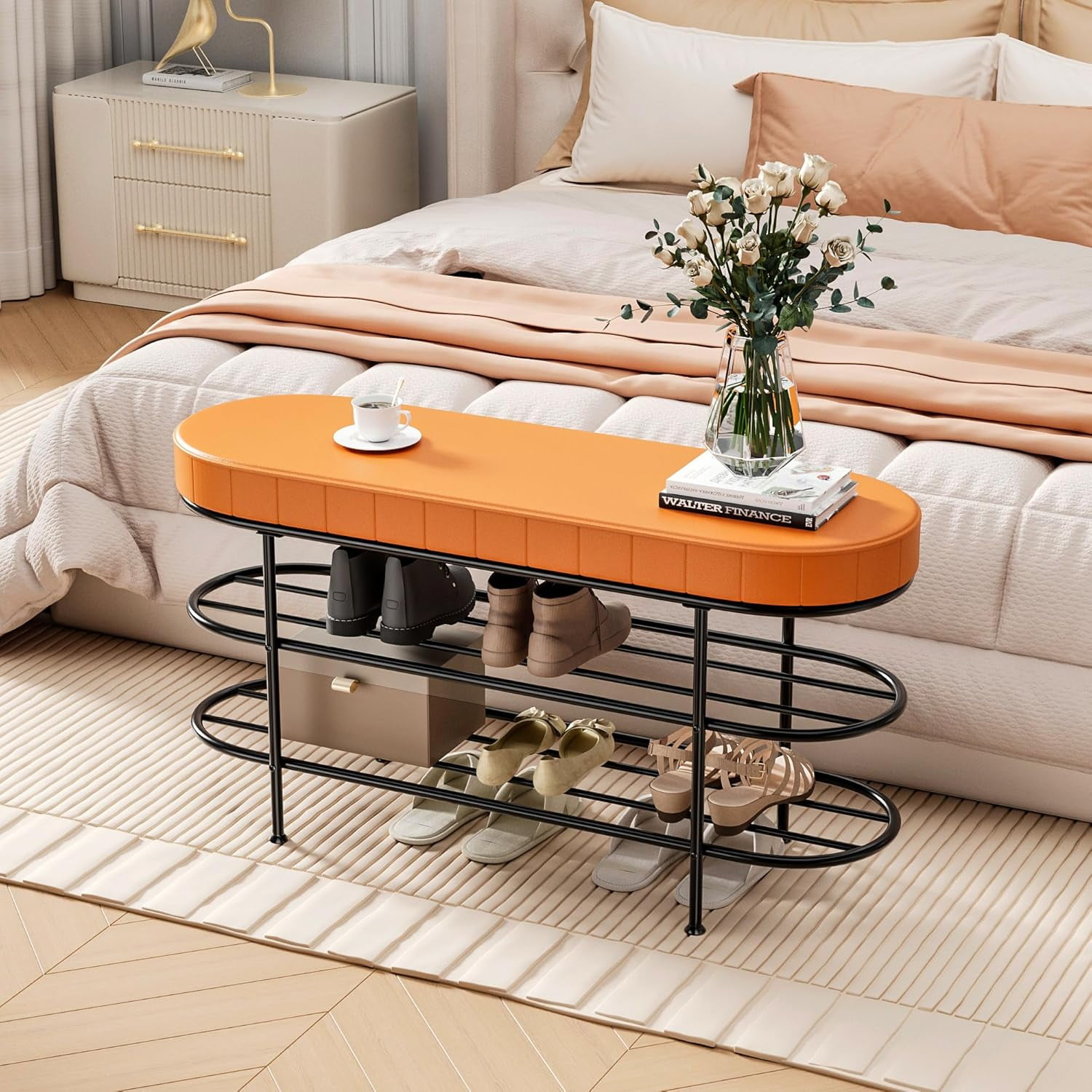 Shoe Bench, Storage Bench with Synthetic Leather Cushion, 3 Tier Shoe ...