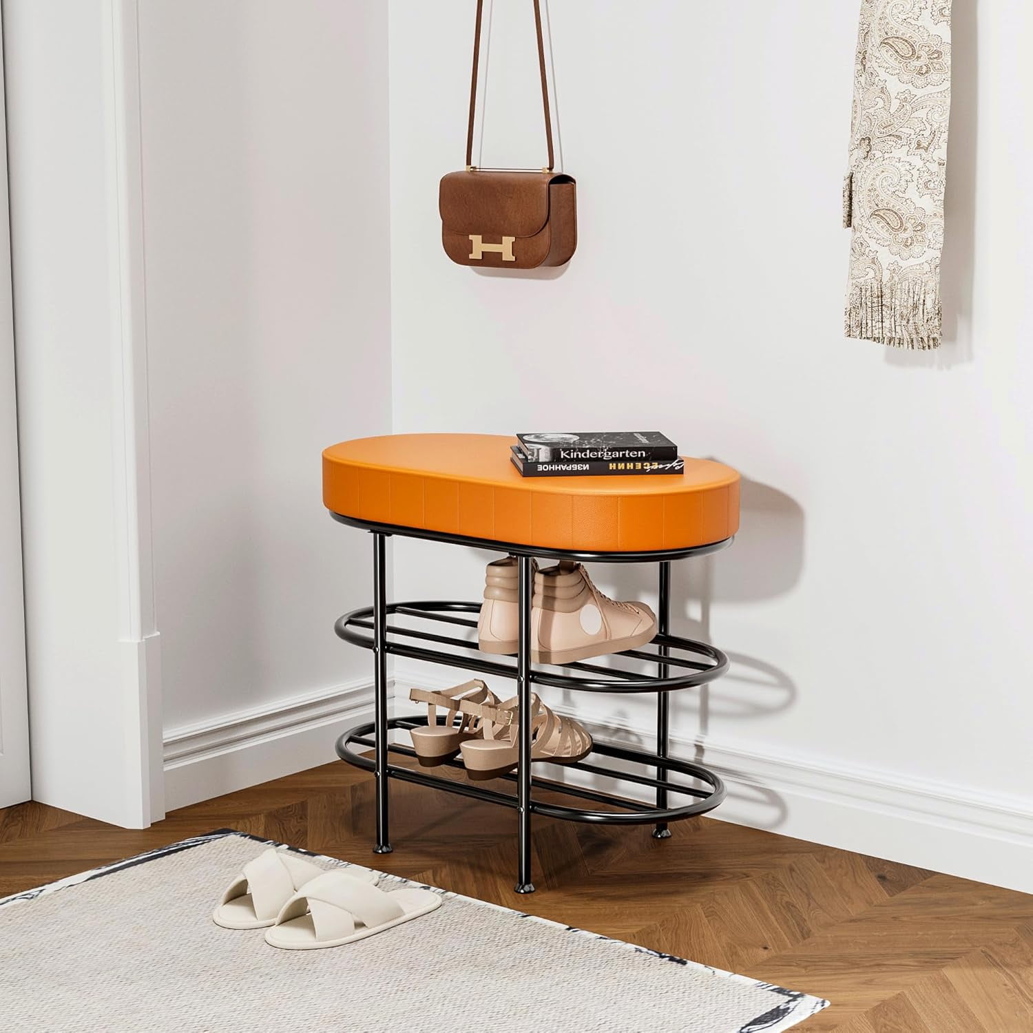 Shoe Bench, Storage Bench with Synthetic Leather Cushion, 3 Tier Shoe ...
