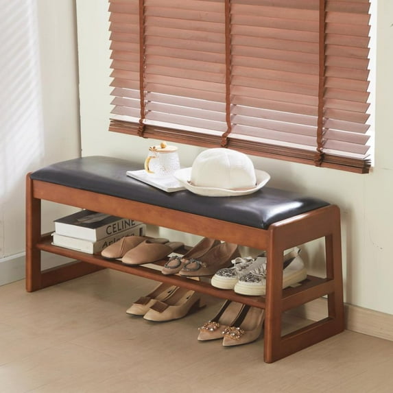 Shoe Bench, Walnut Finish with Flip-Top Hidden Storage and 2-Tier Shoe ...