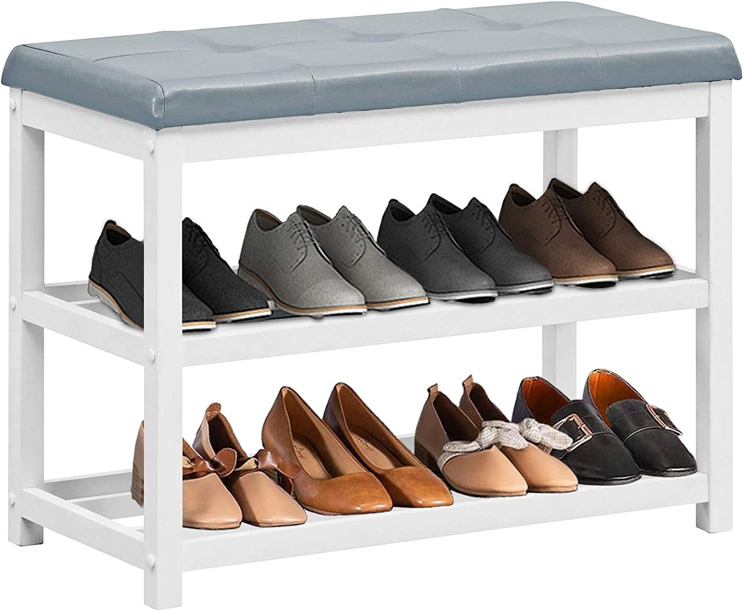 Shoe Bench, Wood Shoe Rack Bench with Cushion Seat, PU Seat Shoe ...