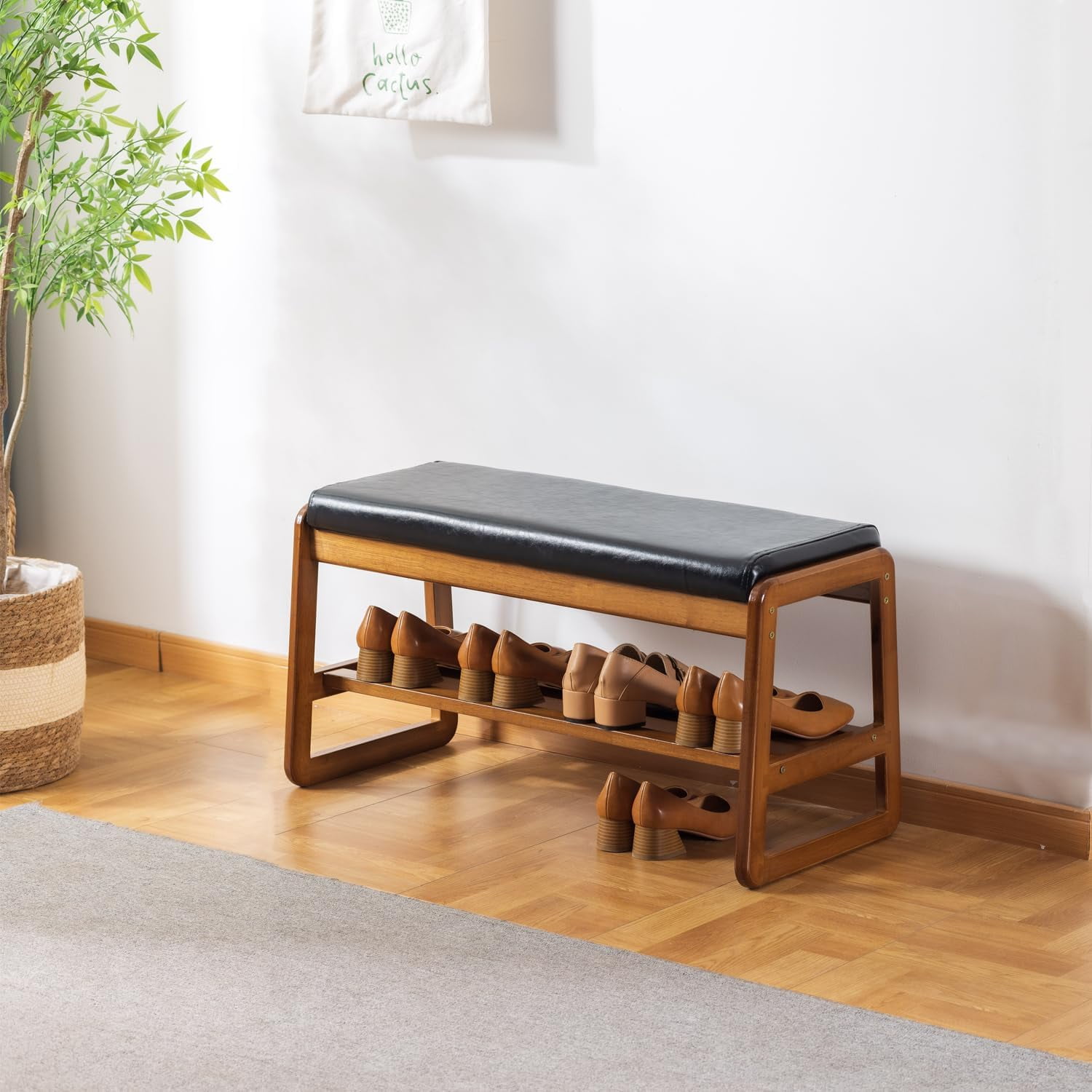 Shoe Bench with Leather Cushion, 2 Tier Wooden Entryway Bench, Solid ...