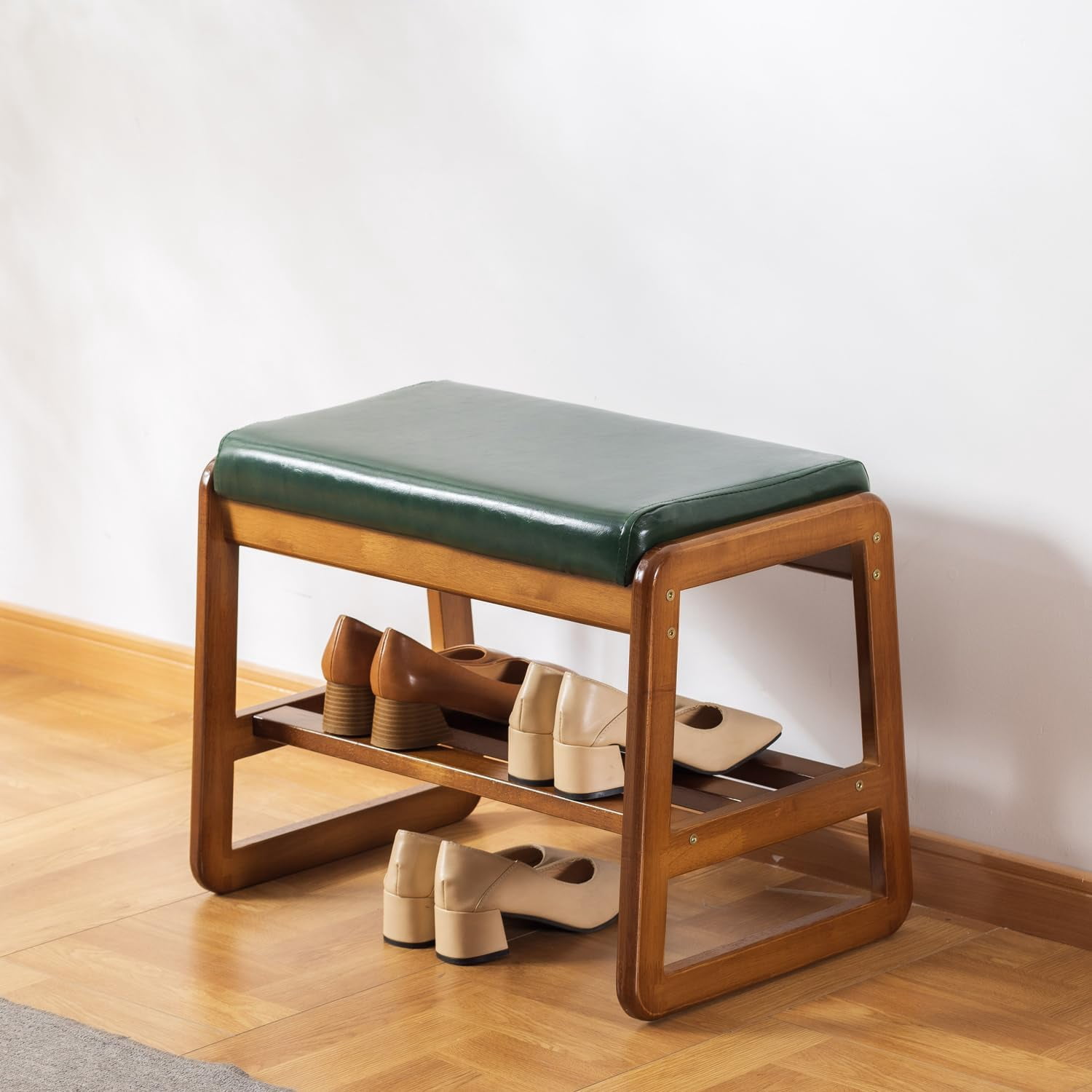 Shoe Bench with Leather Cushion, 2 Tier Wooden Entryway Bench, Solid ...