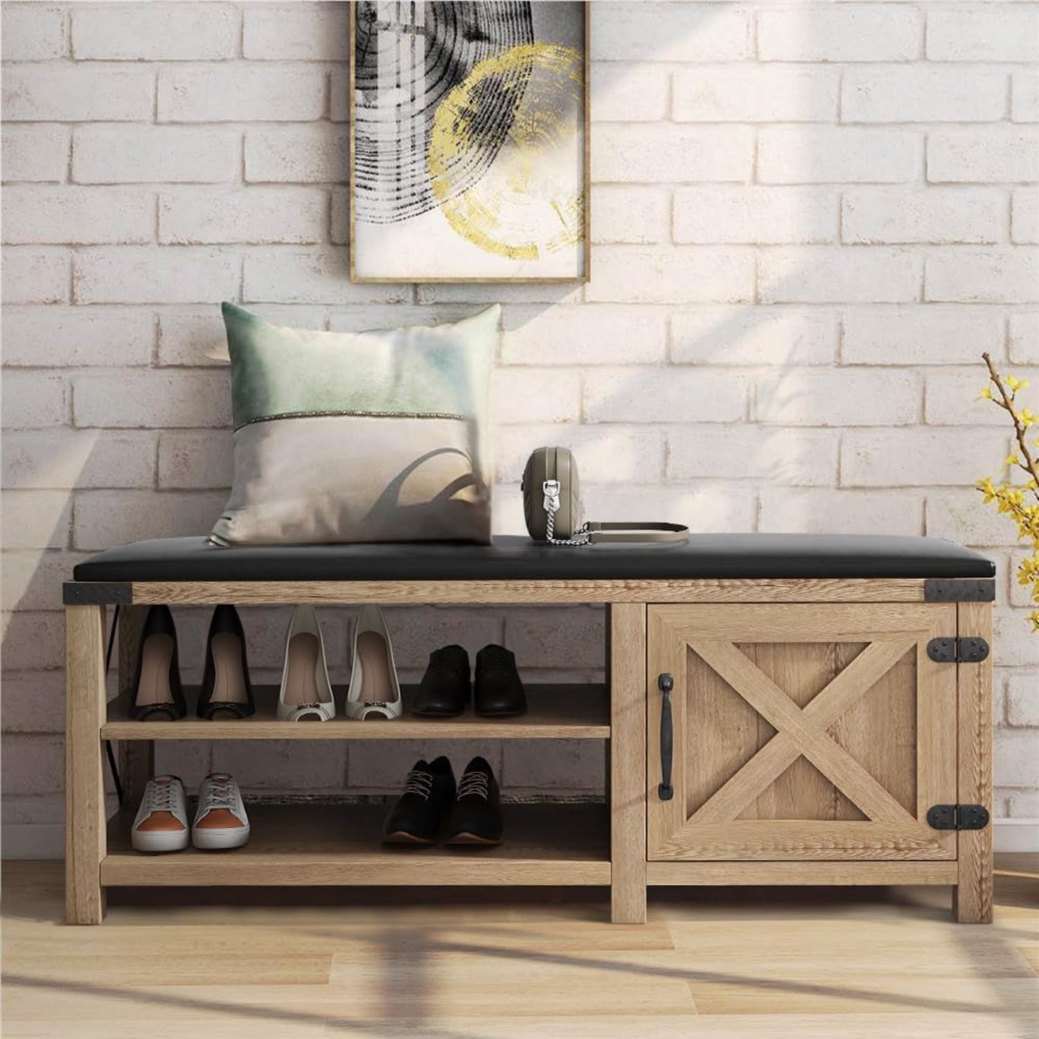 Shoe Bench with Shoe Cabinet with Sliding Barn Door Entryway Bench with ...