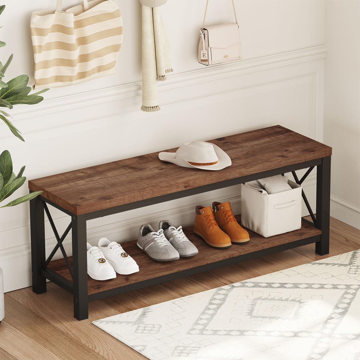 Shoe Bench with Storage, 2 Tier Wood Metal Entryway Bench, Storage ...