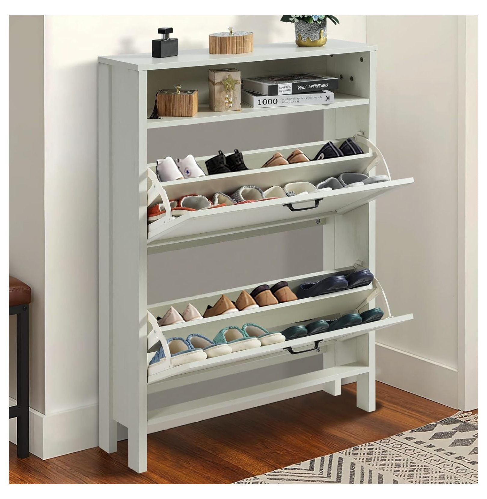 Shoe Cabinet with 2 Drawers, Narrow Shoe Storage Cabinet, Freestanding ...