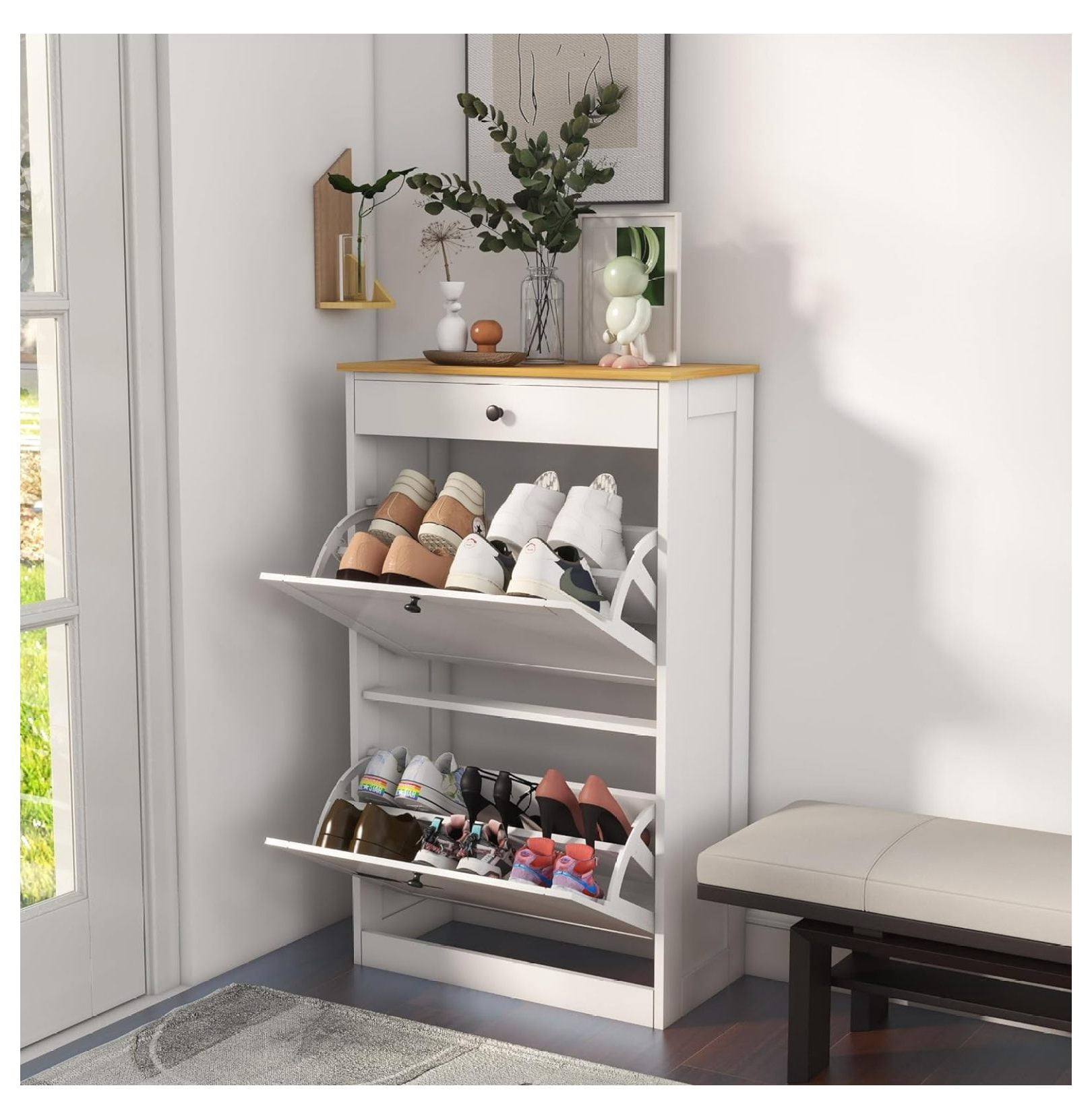 Shoe Cabinet with 2 Drawers, Slim Wooden Hidden Shoe Organizer with ...