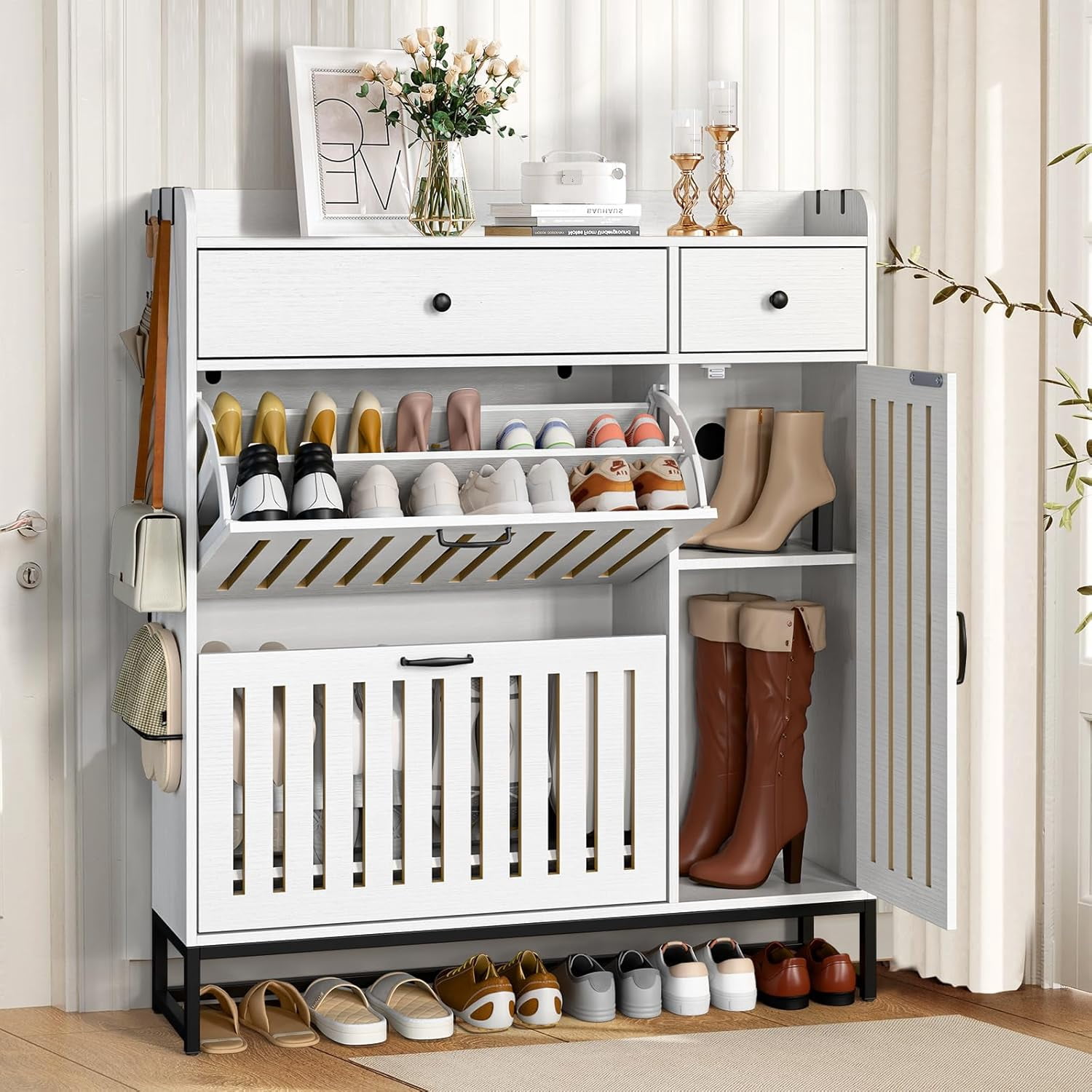 Shoe Cabinet with 2 Flip Cabinets, 2 Sliding Drawers, and 1 Side ...