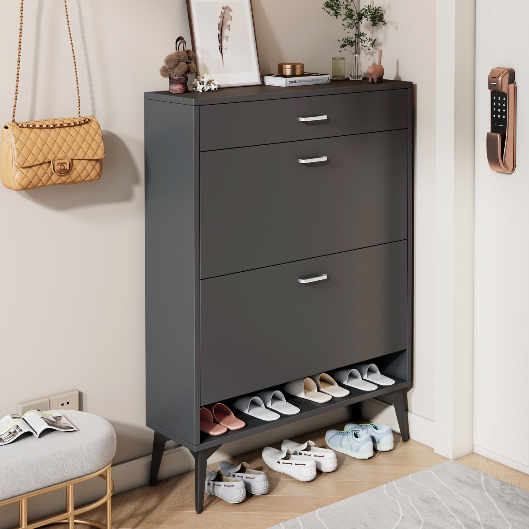 Shoe Cabinet with 2 Flip Drawers and 1 Storage Drawer, Freestanding ...