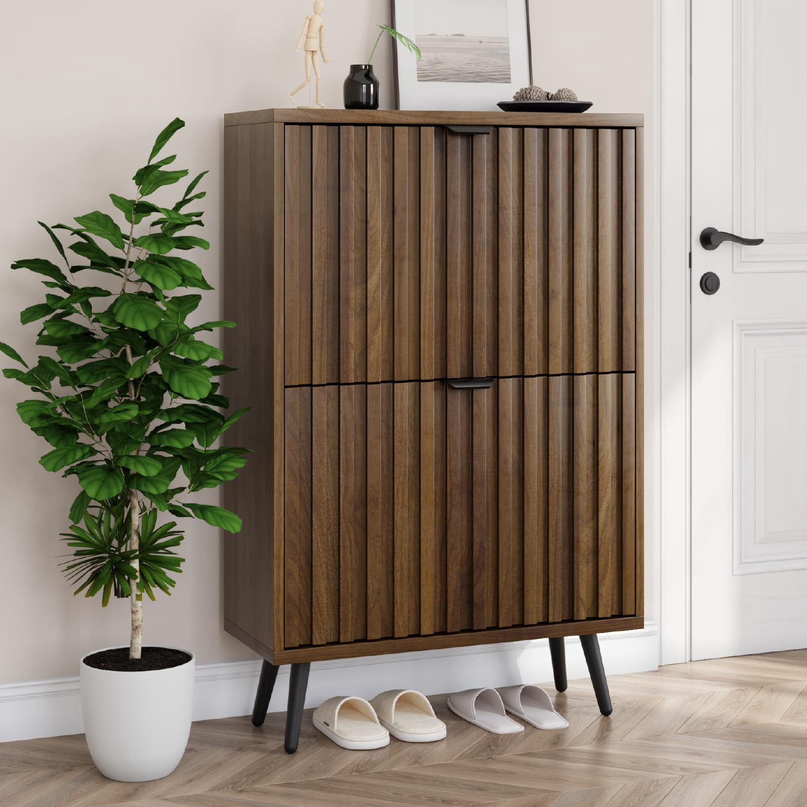 Shoe Cabinet with 2 Flip Drawers, 23.6" Walnut Hidden Shoe Storage ...