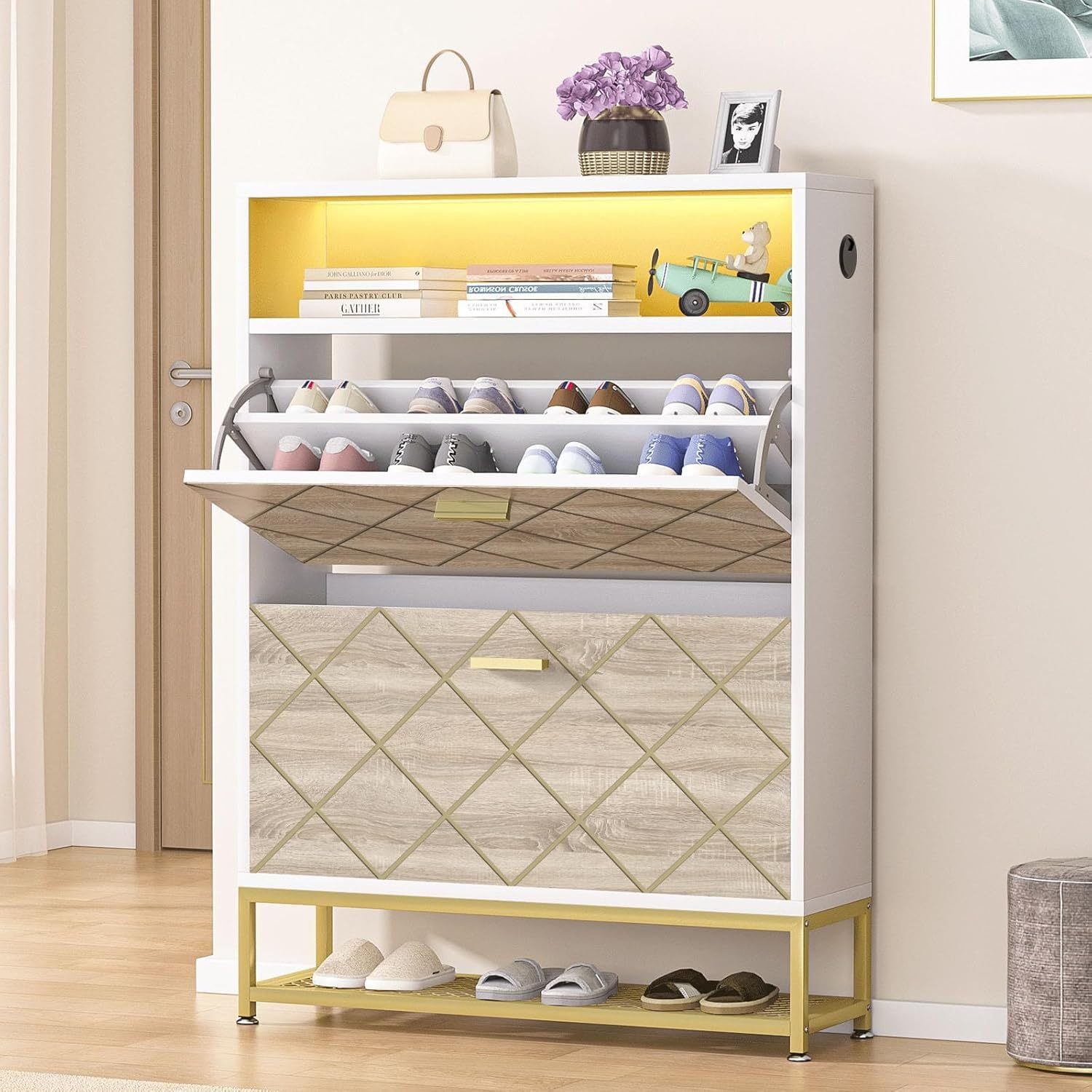 Shoe Cabinet with 2 Flip Drawers 24 Pairs Shoe Rack Organizer with Open ...